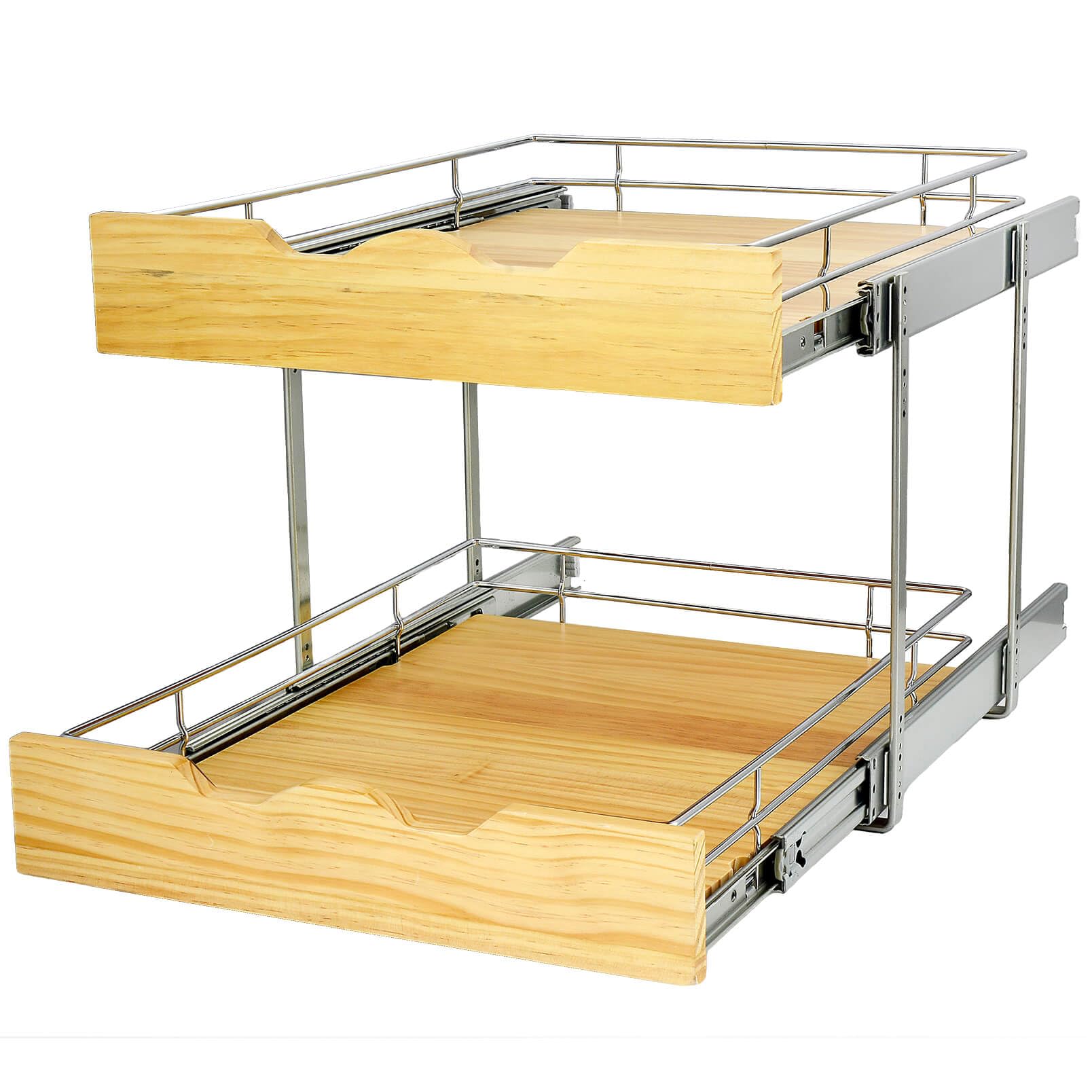 DINDON 2 Tier Pull Out Cabinet Organizer (20" W x 21" D) Slide Out Wood Shelf Double Tier Kitchen Wire Basket with Chrome Finish…