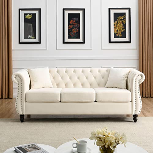 Fulocseny 3 Seater Chesterfield Sofa Velvet for Living Room,80" Sofa Tufted Upholstered Couch with Rolled Arms and Nailhead,Bedroom,Office,Apartment,Two Pillows (Velvet, Beige)