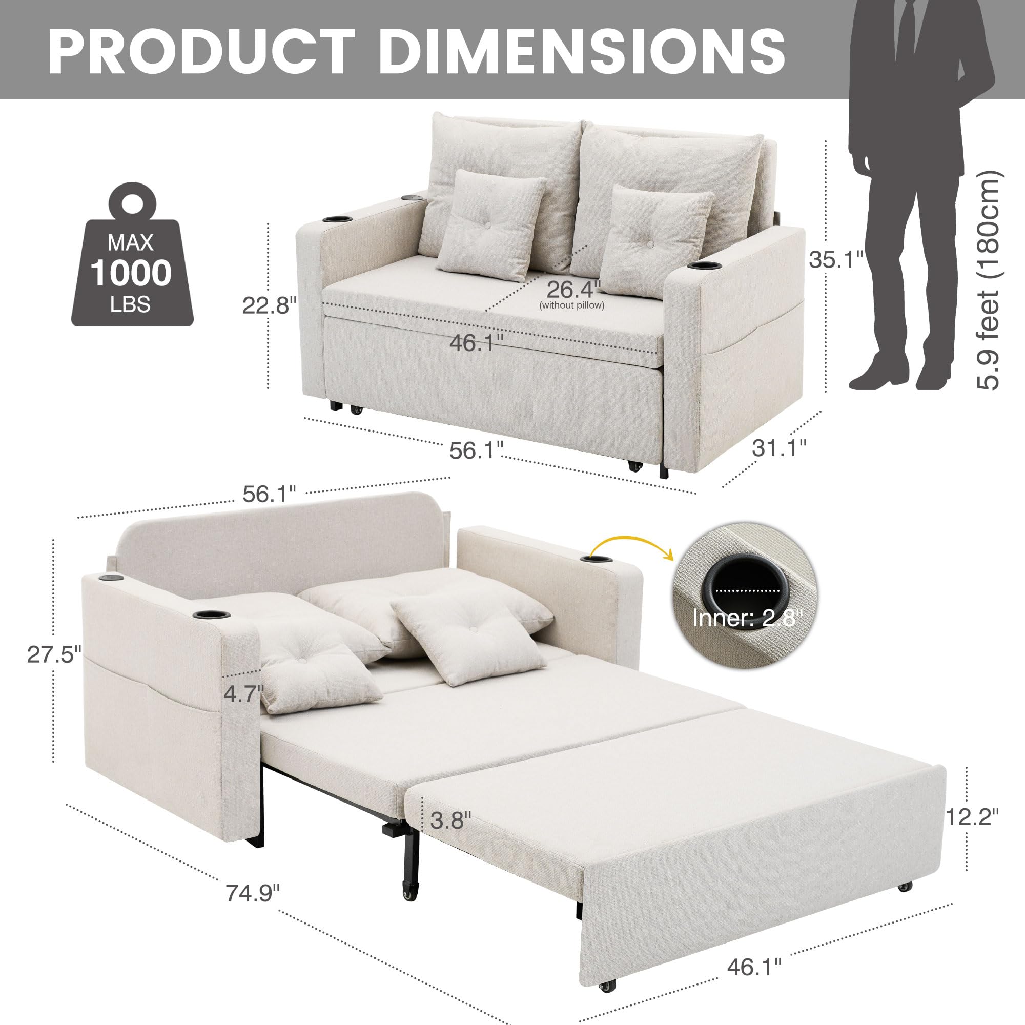 Krcix 3 in 1 Sleeper Sofa Bed, 56 Inch Convertible Loveseat Sofa, Pull Out Couch Bed with Storage Pockets, Cup Holders, USB – Sofa Cama for Living Room, Bedroom, Apartment, Beige