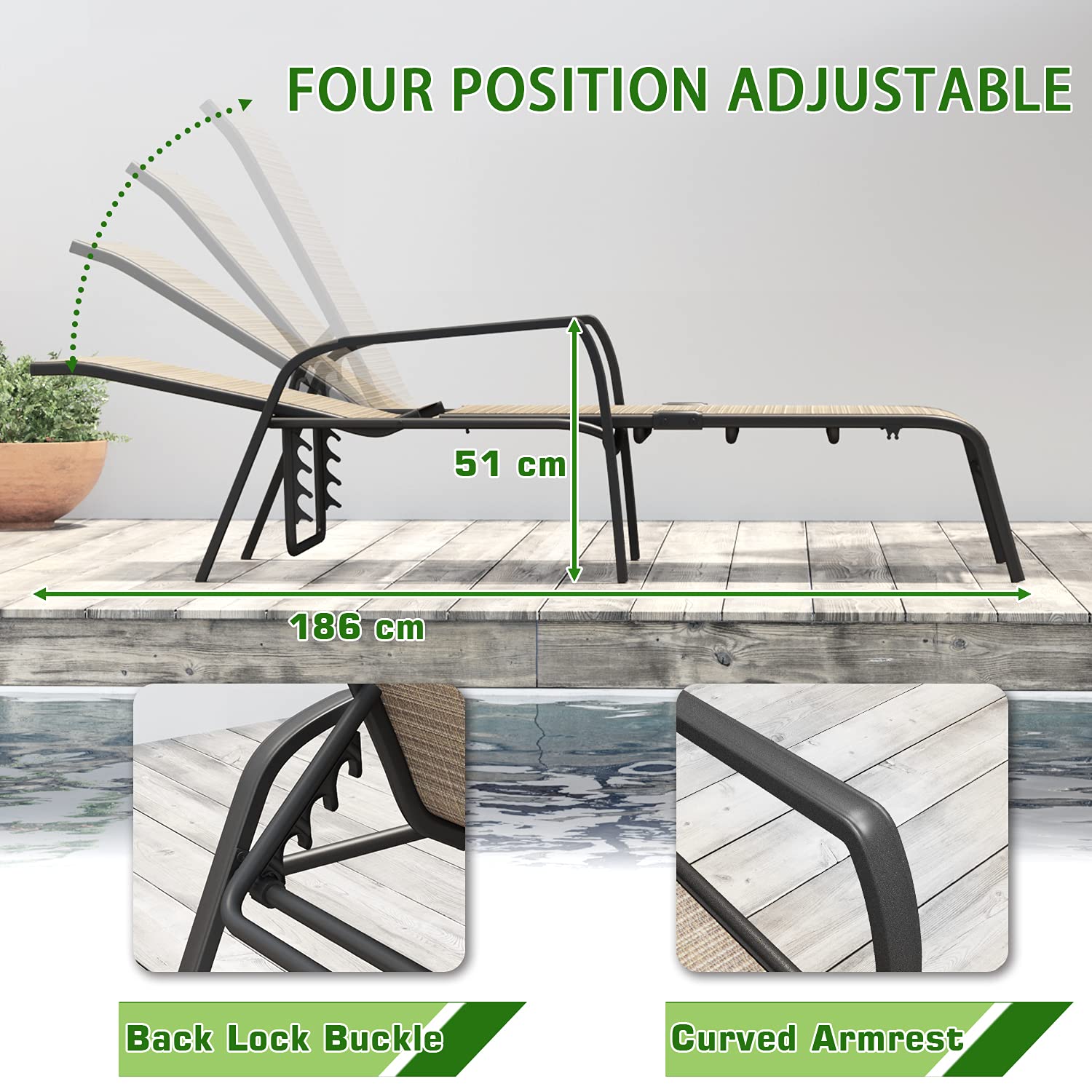 Devoko Patio Chaise Lounges Sets Outdoor Lounge Chairs with Adjustable Backrest & Sturdy Glass Top Coffee Table Suitable for Poolside, Beach, Backyard, Garden (Beige)