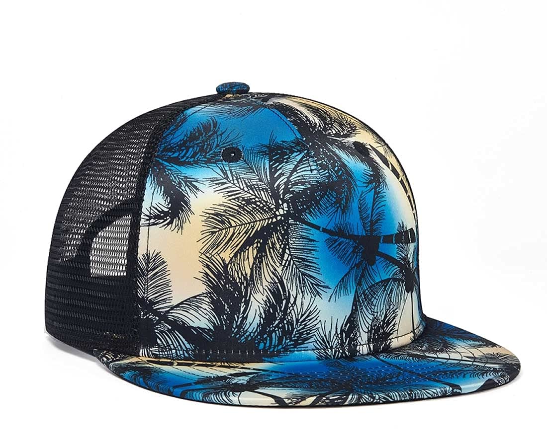 CLOTIME Graphic Trucker Hat Unisex Mesh Trucker Hat The Palm Coco Tree Cap Flat Bill Snapback Hats for Men Women, Blue, One Size