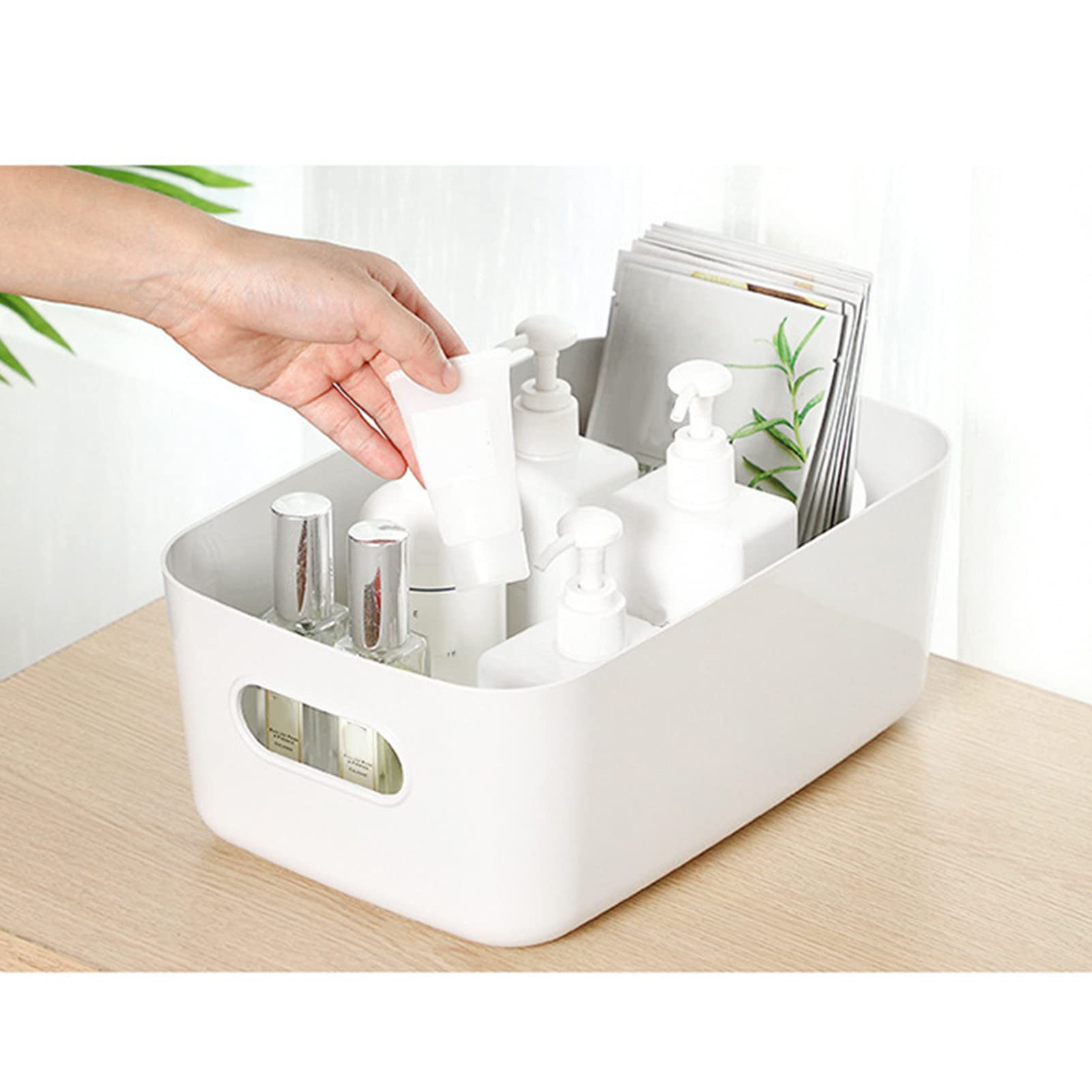 CHEOTIME Plastic Storage Bins, Desktop Storage Basket Plastic Storage Baskets with Handle Reusable PP Cosmetic Storages Box Desktops Sundries Organizer with Handle for Household(Small-Apricot)
