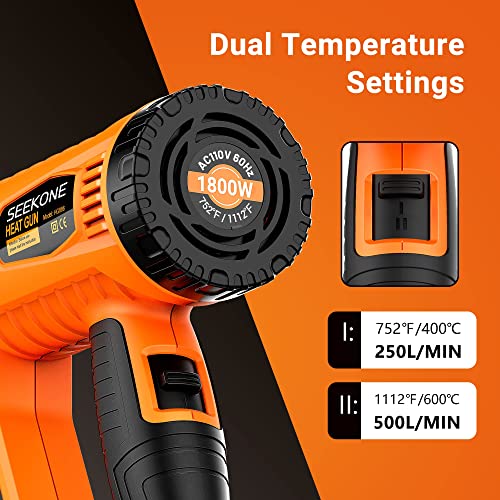 SEEKONE Heat Gun 1800W Heavy Duty Fast Heat Hot Air Gun Kit with 752℉&1112℉(400℃-600℃) Dual-Temperature Settings and 4 Nozzles with Overload Protection for Crafts, Shrinking PVC, Stripping Paint