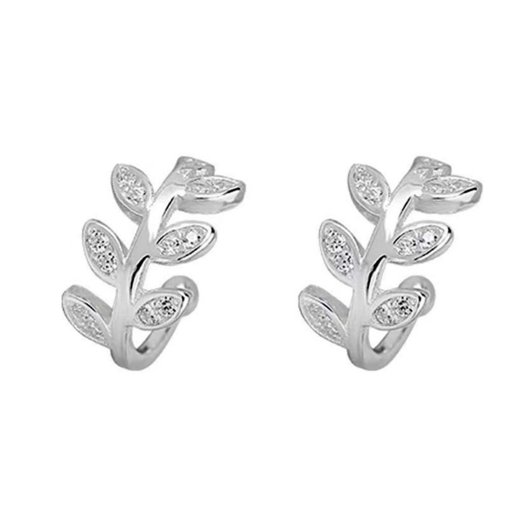 Diamond-Set Twig Sweet White Gold Ear Clips, Leaves White Gold Earrings Without Ear Holes White Gold Earrings