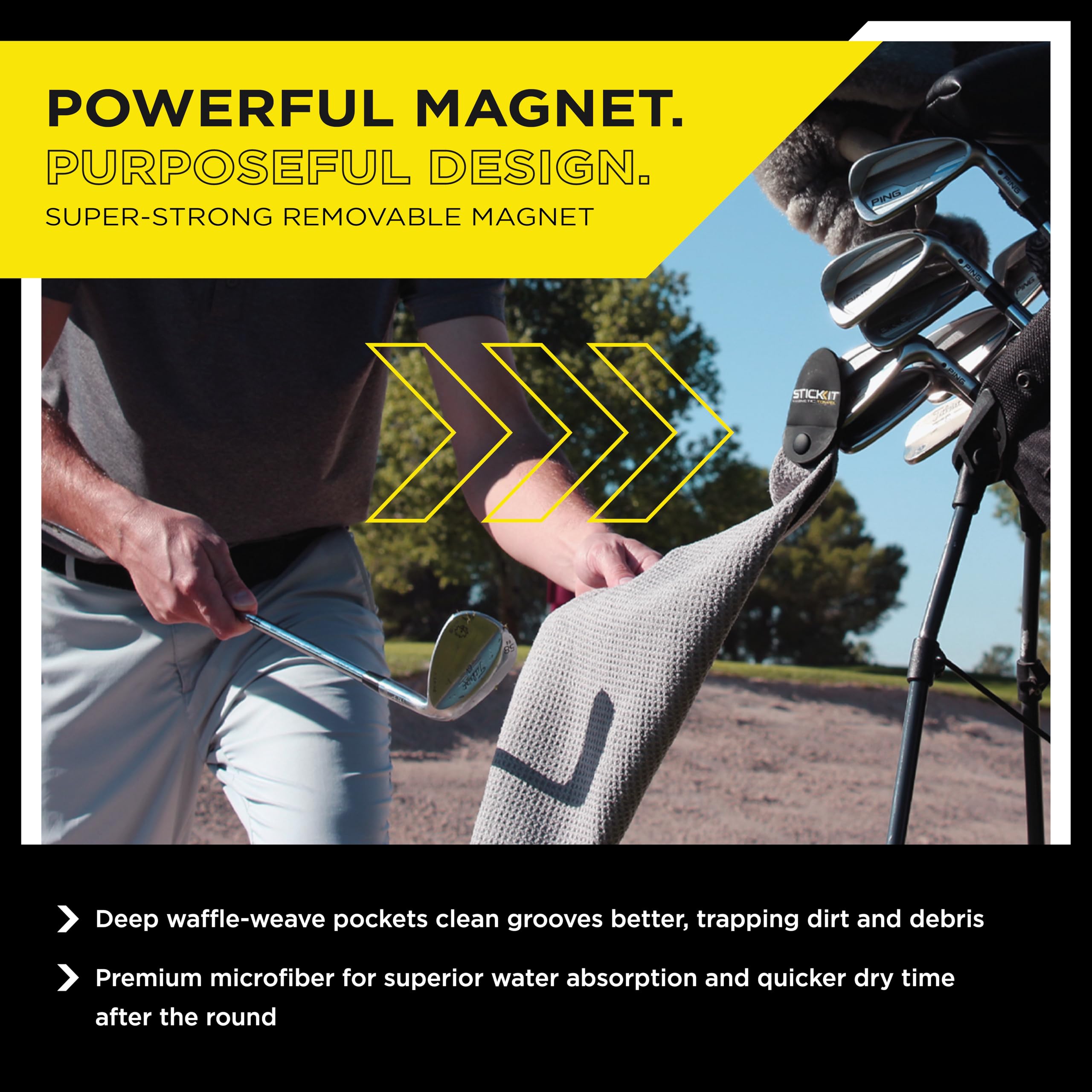 STICKIT Magnetic Golf Towel, Premium 29" Microfiber with Deep Waffle Pockets, Industrial Strength Magnet for Secure Hold to Golf Carts & Clubs, Ultra-Absorbent, Fast-Drying, Easy-Clean Design