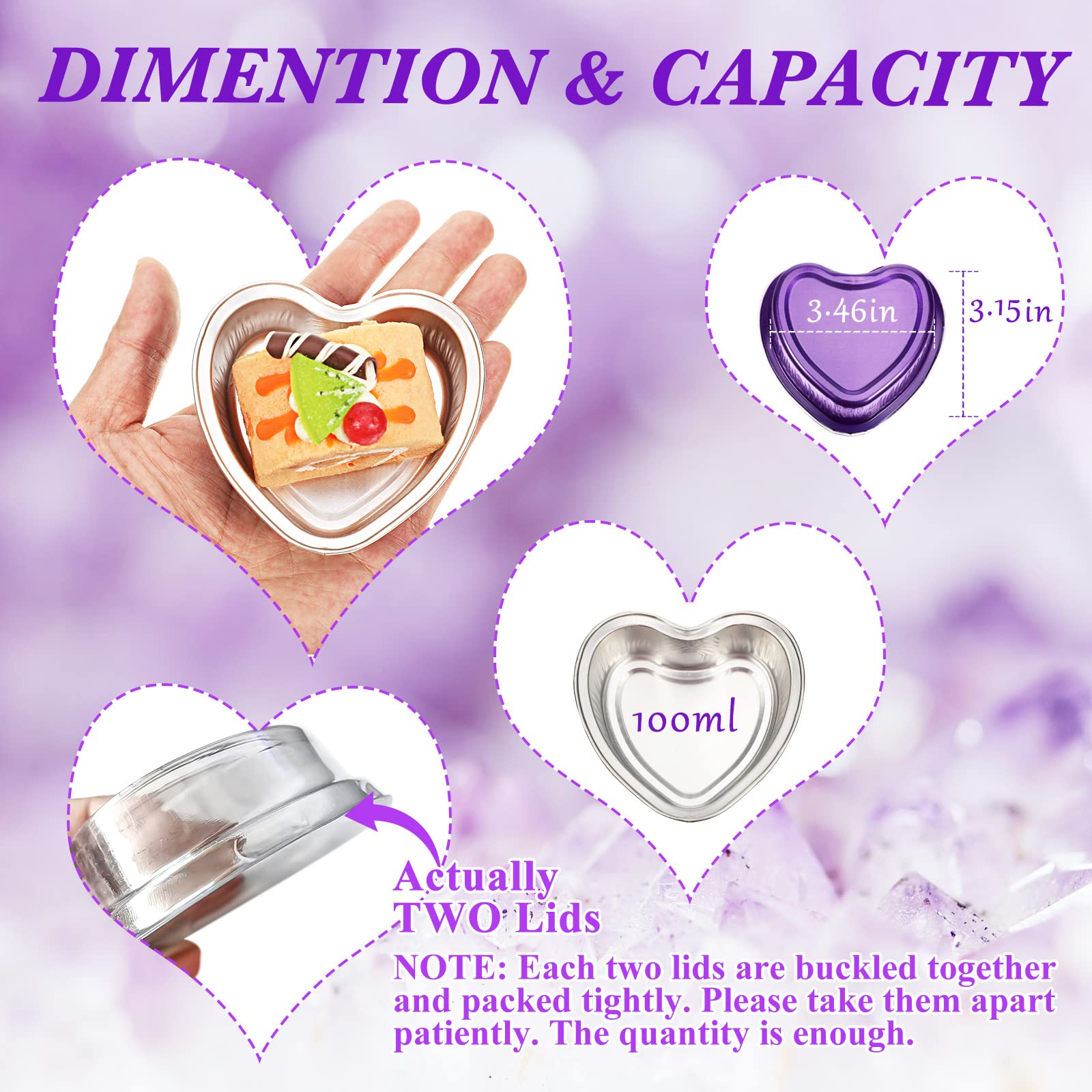 Geiserailie 200 Sets Aluminum Foil Cake Pan with Clear Lids 100 ml/ 3.4 Ounces Heart Shaped Disposable Mini Cupcake Cup Flan Baking Cups Pan for Xmas Valentine Wedding Birthday Party (Purple)
