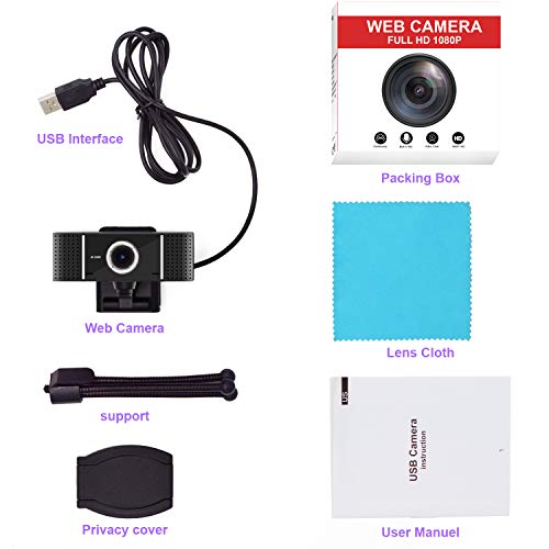 Full HD Webcam 1080P with Microphone Free Tripod Cover Slide - 120° Wide Angle Webcams Streaming USB Web Camera - Pro Computer Camera for Video Calling, Recording, Conferencing, Skype, OBS, PC Laptop