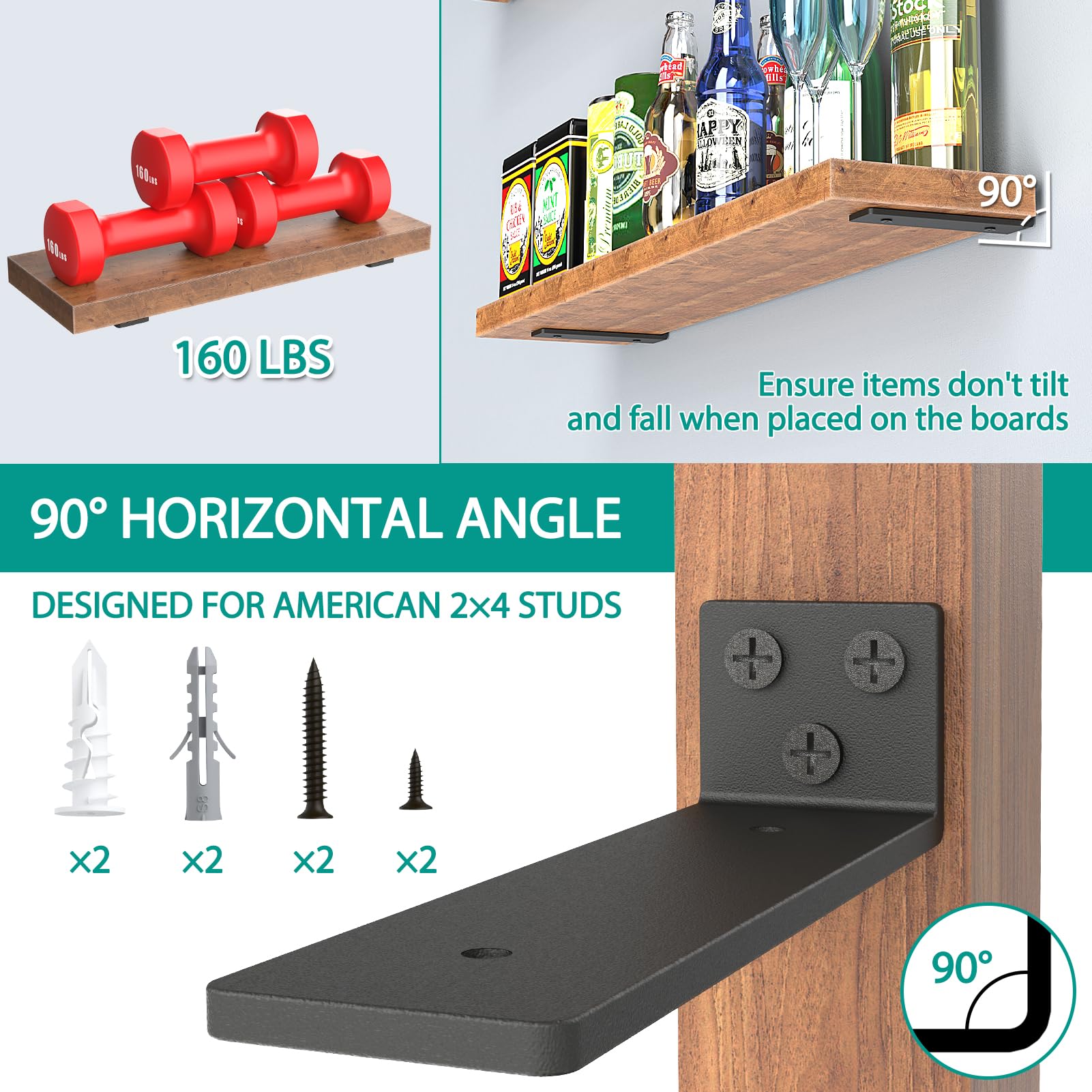 Goovilla Shelf Brackets, Heavy Duty Floating Shelf Bracket 6 Inch for 2Γ4β Wood Stud, 4 Pack L Brackets for Shelves, Black Metal Wall Shelving Brackets, Shelf Support Brackets, 160 lb. Load Capacity