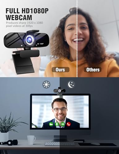 Full HD Webcam with Built-in Microphone and Rotatable Tripod, 1080P Video and Wide Angle Camera, Privacy Cover, for Desktop PC or Laptop Computer (Webcam with USB Cable)