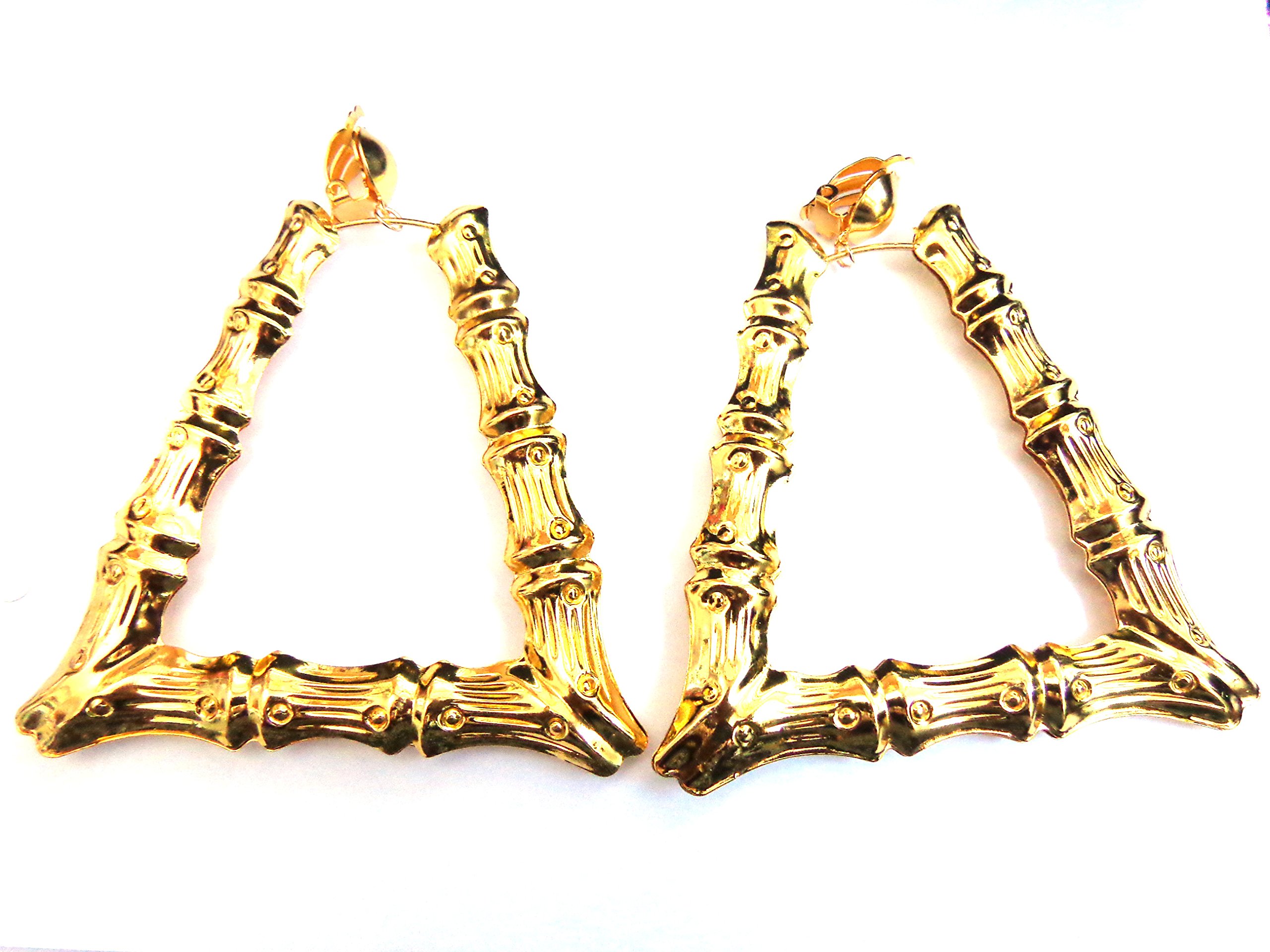 Clip-on Earrings Large Bamboo Triangle Gold Tone Hoop Earrings 3.5 inch Large