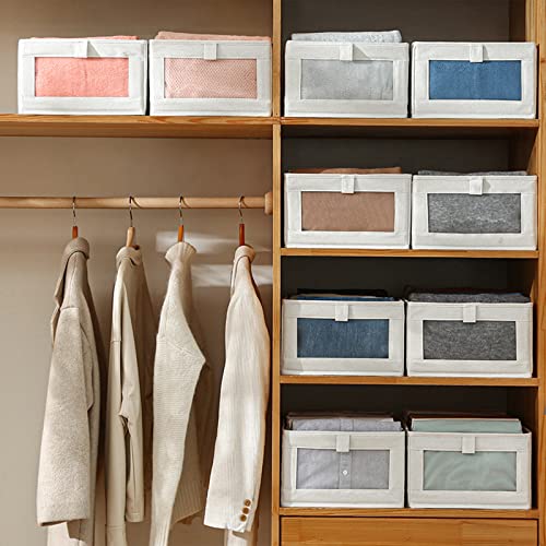 LaMorée Fabric Storage Bin Box Rectangular Cotton Linen Storage Basket Cube with Thick PP Board Clear Mesh Window Foldable Decorative Nursery Home Office Organizer Container – Beige, Small