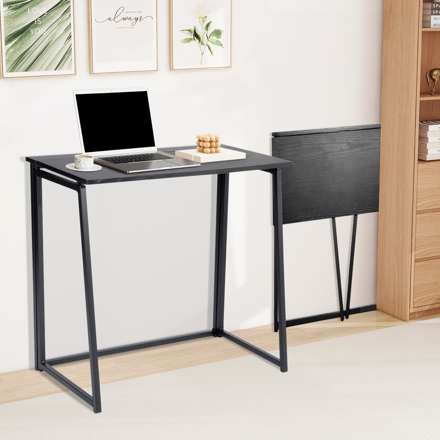 FurnitureR Folding Desk, 31.5 Inches Foldable Table Simple Home Office Desk, Space Saving Computer Table Compact Writing Workstation Study Desk for Home Office, Small Space, Black