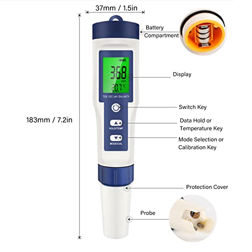 Deosdum 5 in 1 Water Quality Tester Digital PH Salinity Temperature TDS EC Detection Meter Portable Pen Type