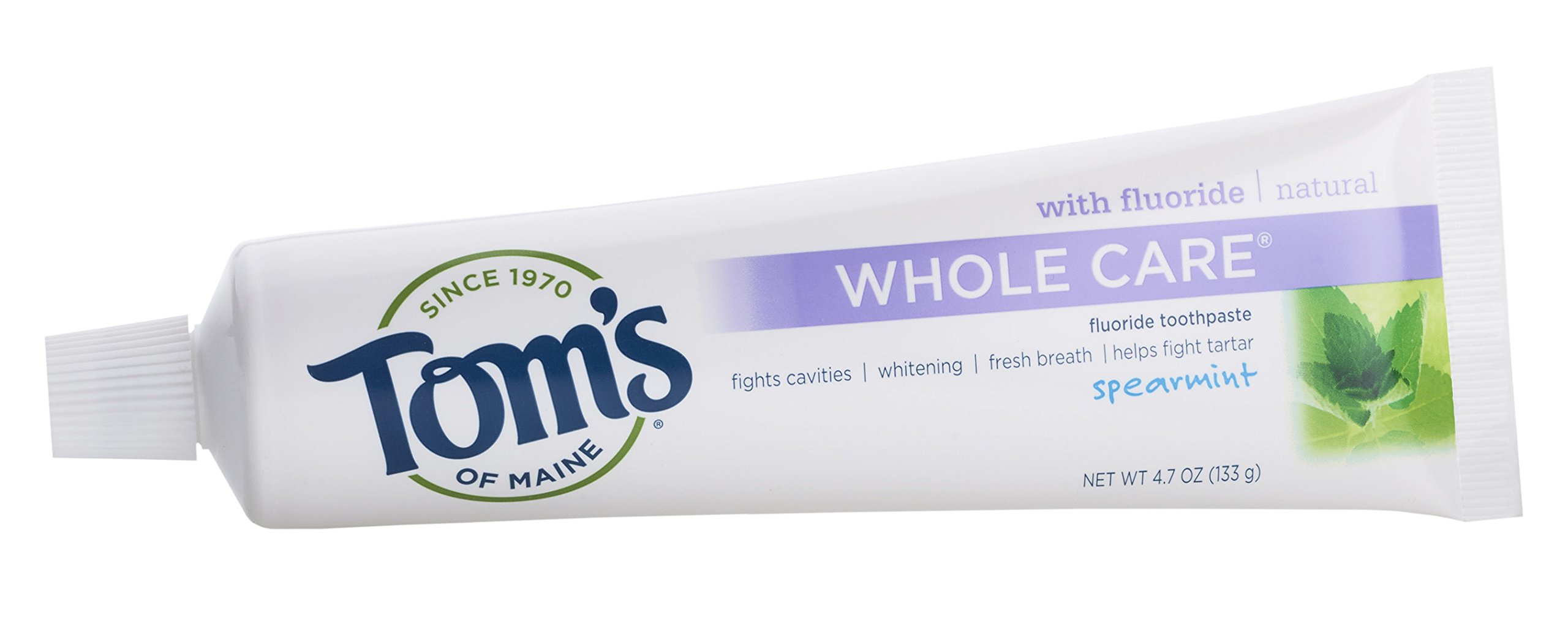 Tom's of Maine Whole Care Fluoride Toothpaste, Natural Toothpaste, Whitening Toothpaste, Spearmint, 4.7 Ounce, 2-Pack