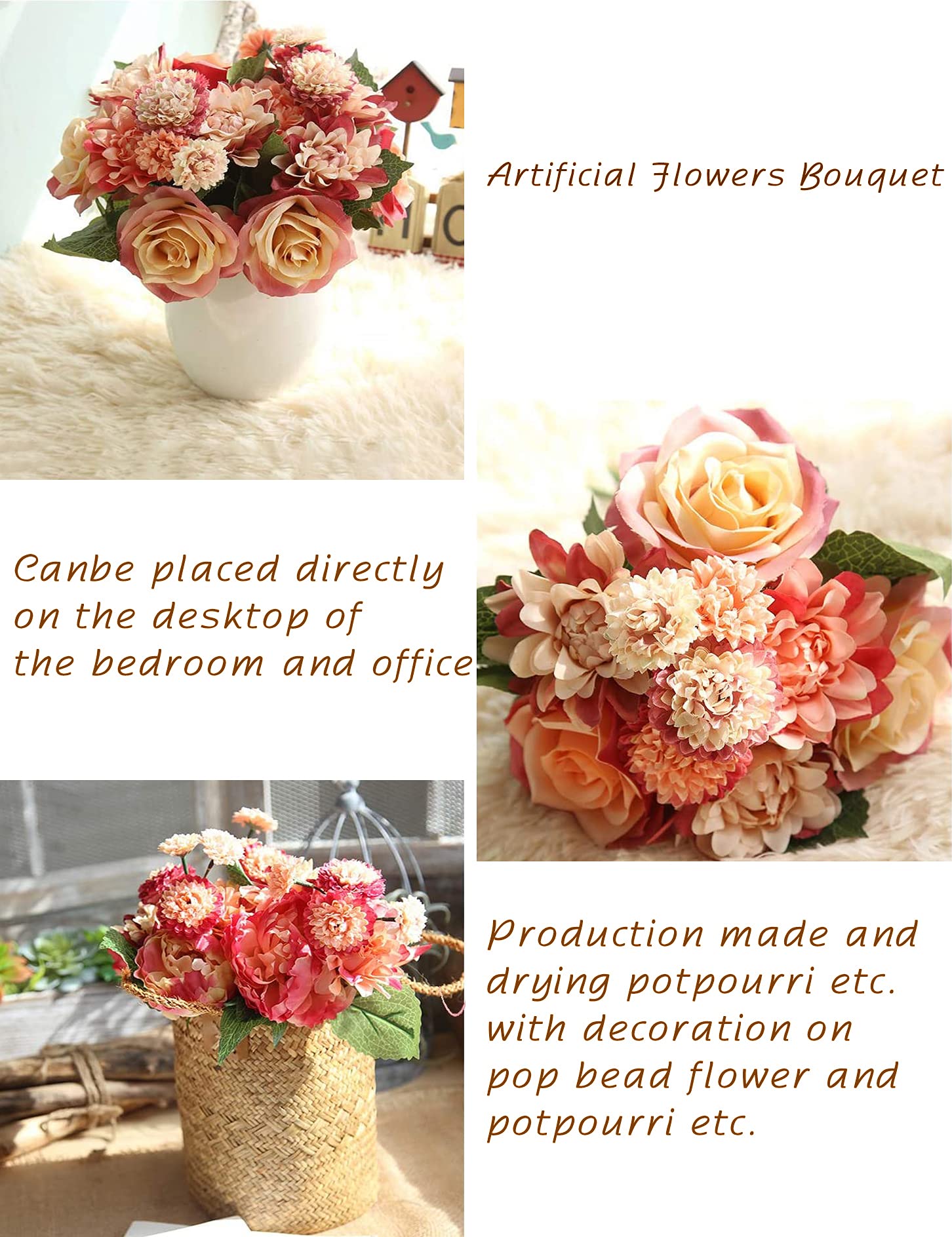 SUPICKET 1 Bunch 8 Pcs Artificial Rose Dahlia Daisy Flower Bouquet Bride Bridesmaid Holding Flowers for Home Hotel Office Wedding Party Garden Craft Art Decor, Red&Orange