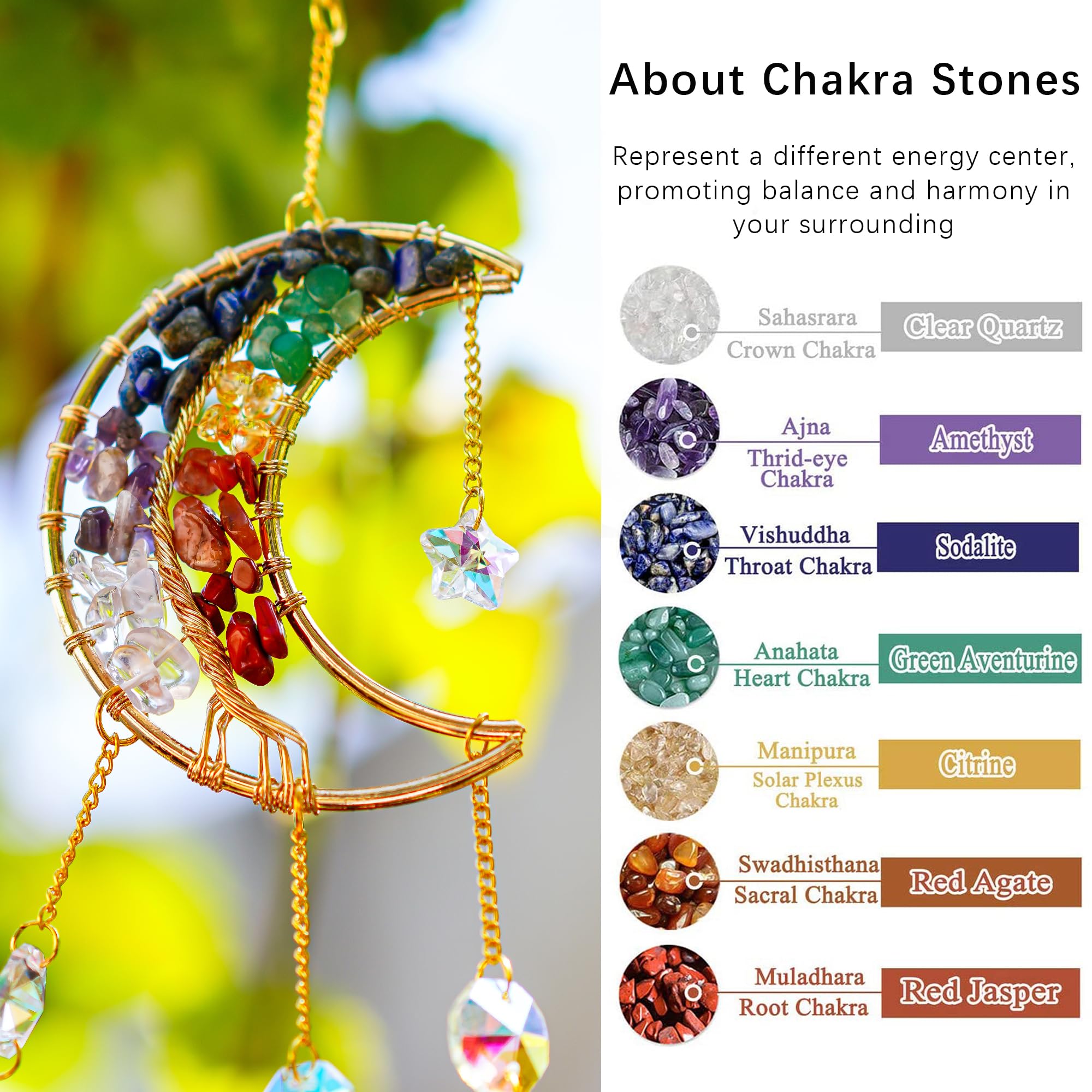 Chakra Tree of Life Crystal Suncatcher for Windows,Rainbow Maker Half Moon Sun Catcher with Crystal Prisms Hanging Crystals for Garden Home Decoration