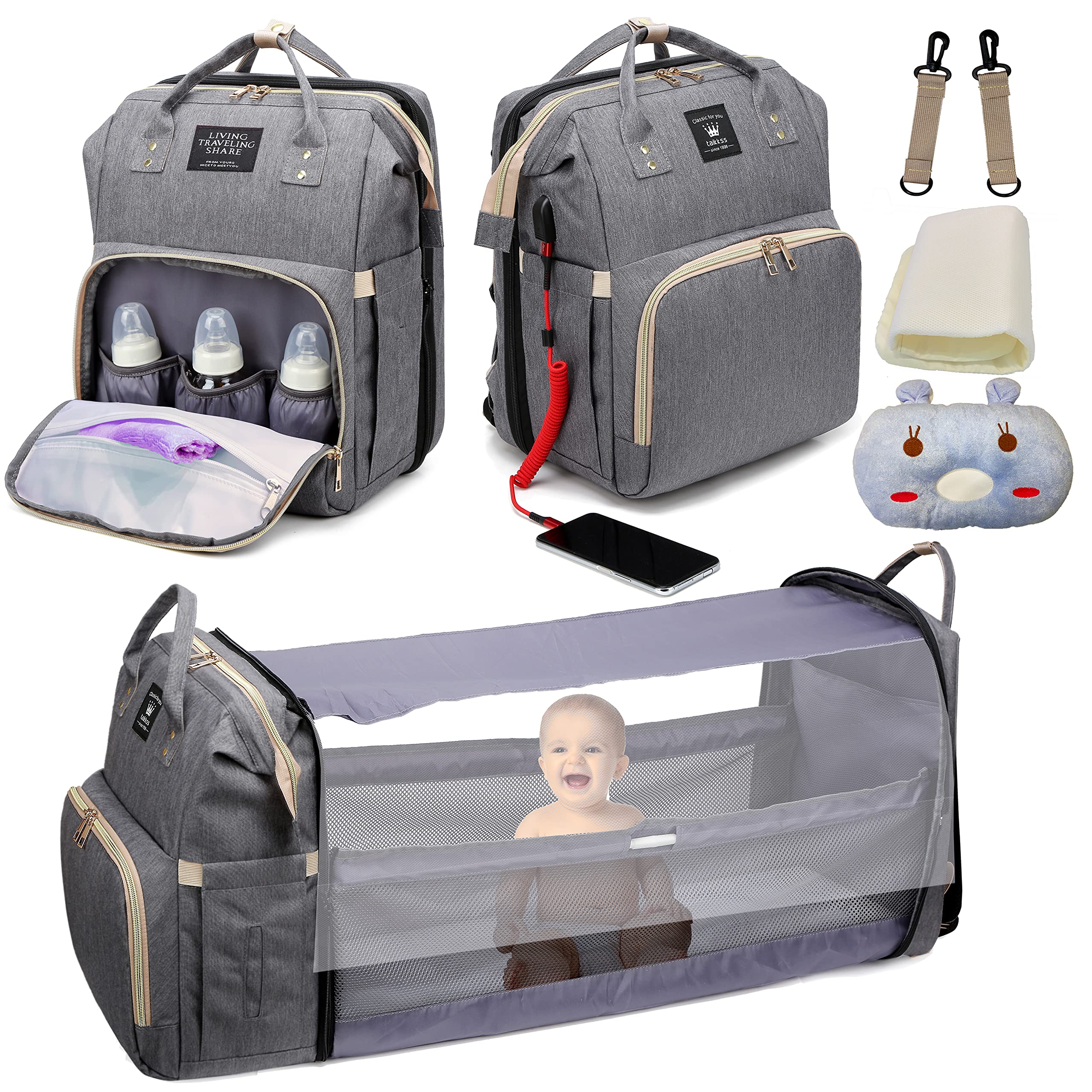 Diaper Bag Backpack, Nappy Bags for Baby Boy with USB Charging Port, Large Capacity, Waterproof, Breathable Mosquito Net Sunshade Grey