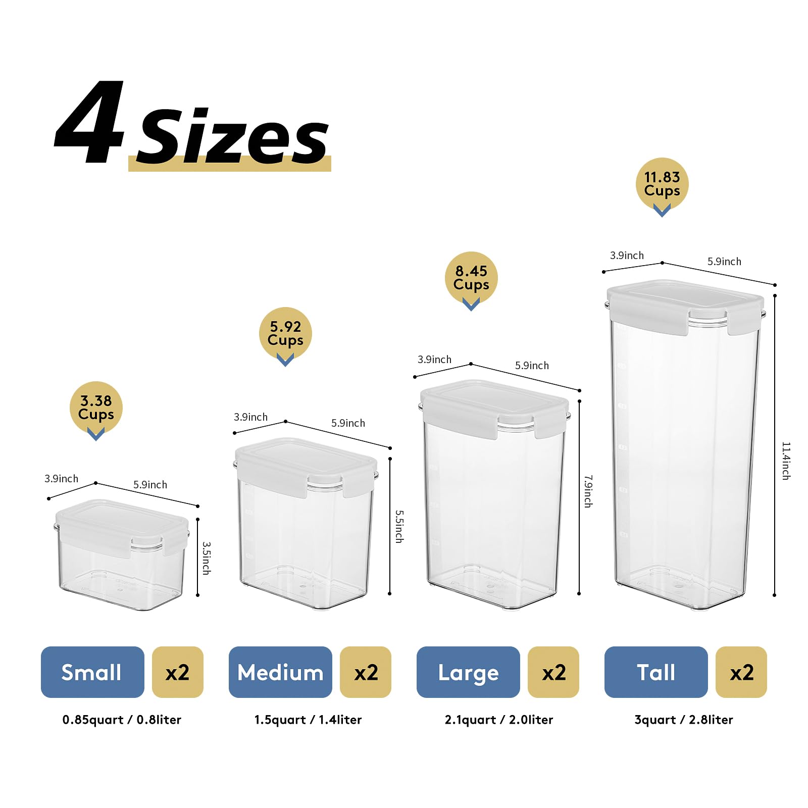 Crystal Clear Airtight Food Storage Containers with Lids, Plastic Canister Set for Kitchen Organization and Storage, for Flour, Sugar, Cereal, Rice, BPA Free Plastic 8-Pack with Different Sizes White