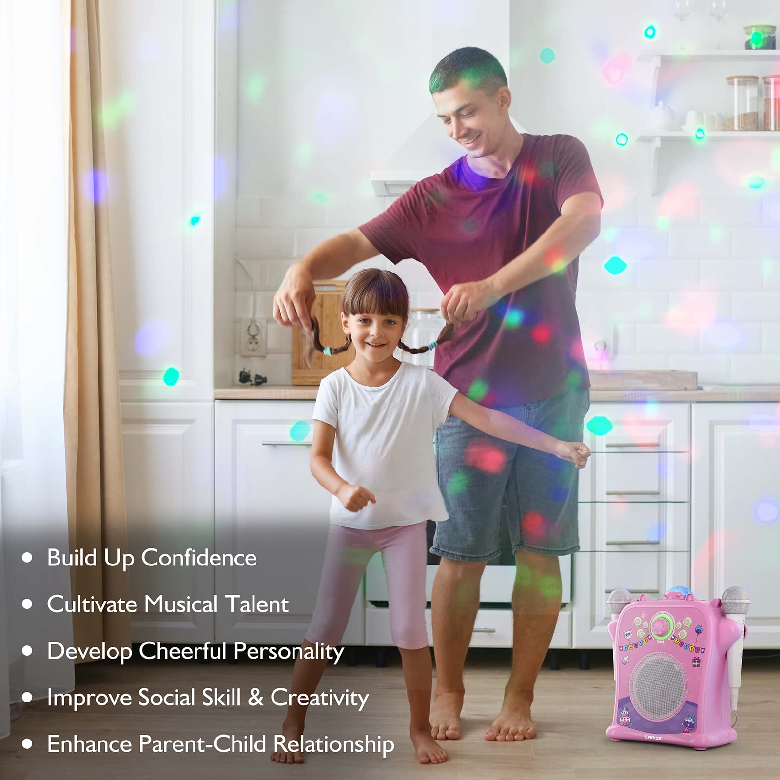 EARISE T29 Pro Karaoke Machine for Kids Girls with 2 Microphones, Singing Machine with 3 Interchangeable Theme Panels, LED Disco Lights, 12 EQ Effects, Birthday