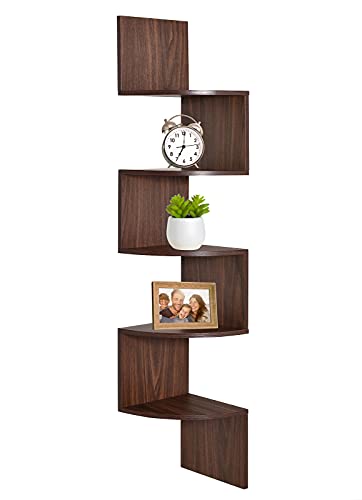 Greenco 5-Tier Corner Shelves, Floating Corner Shelf, Wall Organizer Storage, Easy-to-Assemble Tiered Wall Mount Shelves for Bedrooms, Bathroom Shelves, Kitchen, Offices, Living Rooms (Walnut Finish)