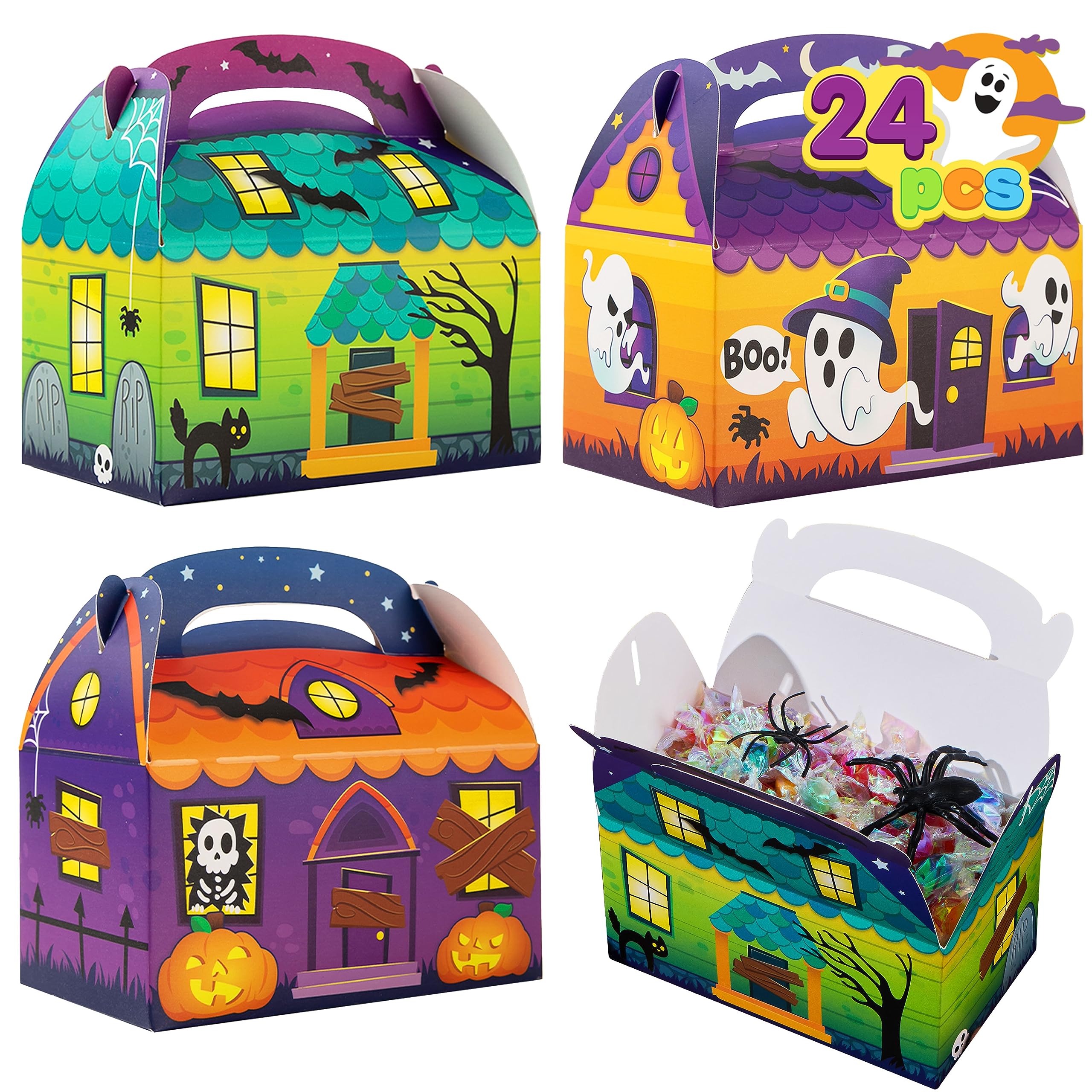 JOYIN 24 PCs 3D Halloween House Cardboard Treat Boxes (6"x6"x3.5") Trick or Treat Candy Boxes Cookies Goodie Bags for Halloween Party Favor Supplies