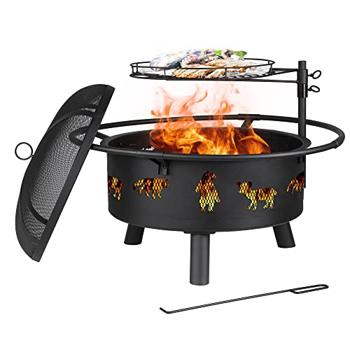 FUNBERRY Fire Pits for Outside,Outdoor Fire Pits with Grill,Wood Burning Fire Pit,30 Inch Firepit with Spark Screen,Log Grate,Poker