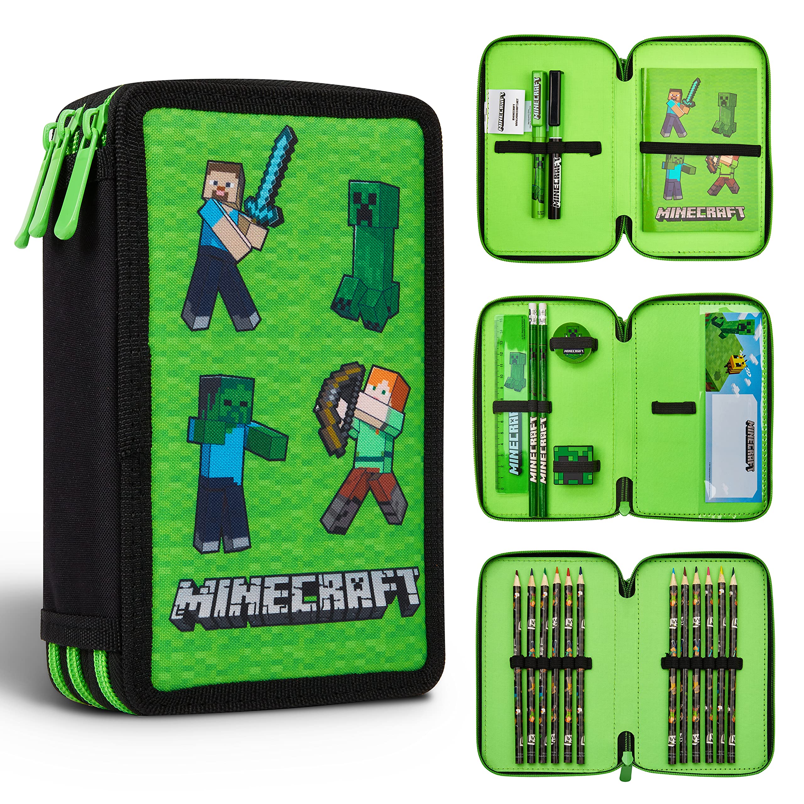 Minecraft Children's Pencil Case with Multiple Compartments, Stationery Included β School Supply (Green Mob)