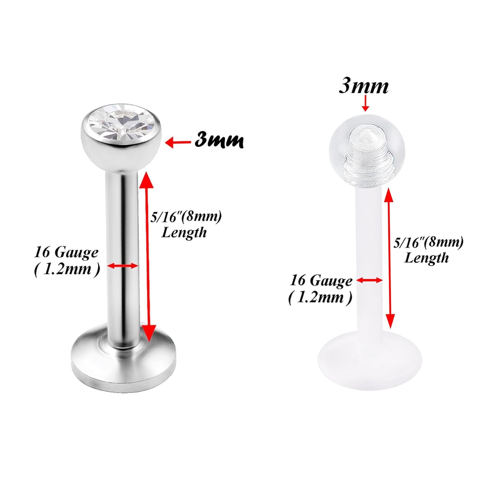 bodyjewellery 3pcs 16g 5/16 Labret Stud Lip Ring Snake Bite Conch Forward Helix Monroe Tragus Dahlia Marilyn Internally Threaded - Clear