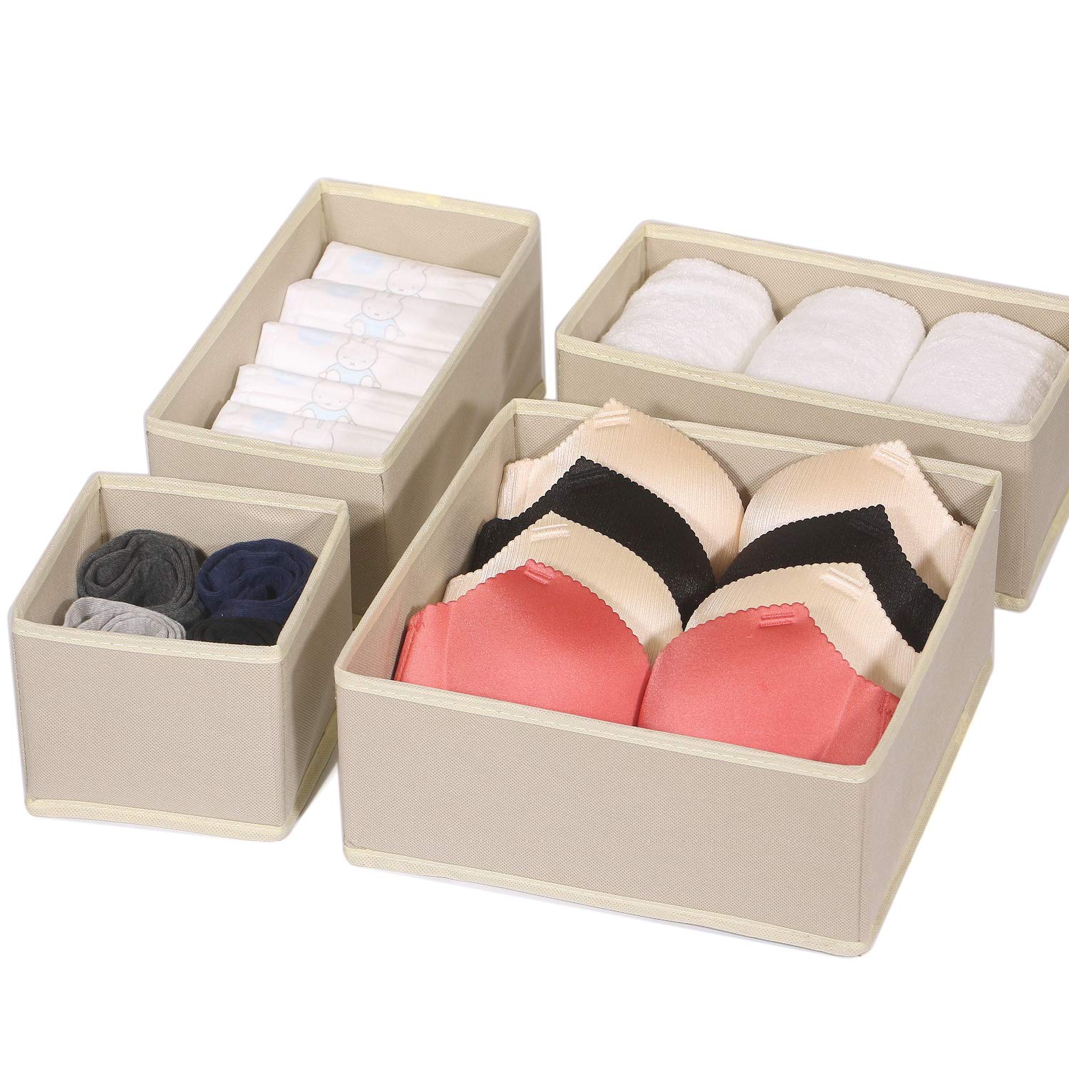 DIOMMELL 12 Pack Foldable Cloth Storage Box Closet Dresser Drawer Organizer Fabric Baskets Bins Containers Divider for Clothes Underwear Bras Socks Lingerie Clothing, Beige 444