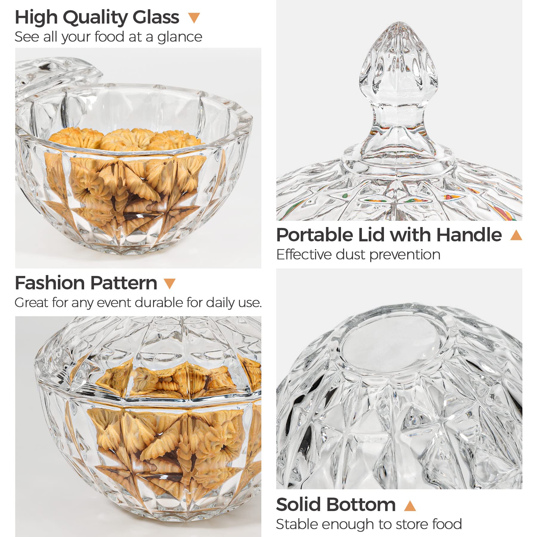ComSaf Large Christmas Glass Candy Dish with Lid (6 1/2 inch), Clear Covered Candy Bowl, Crystal Candy Jar, Decorative Candy Server for Home Kitchen Office Table, Set of 1