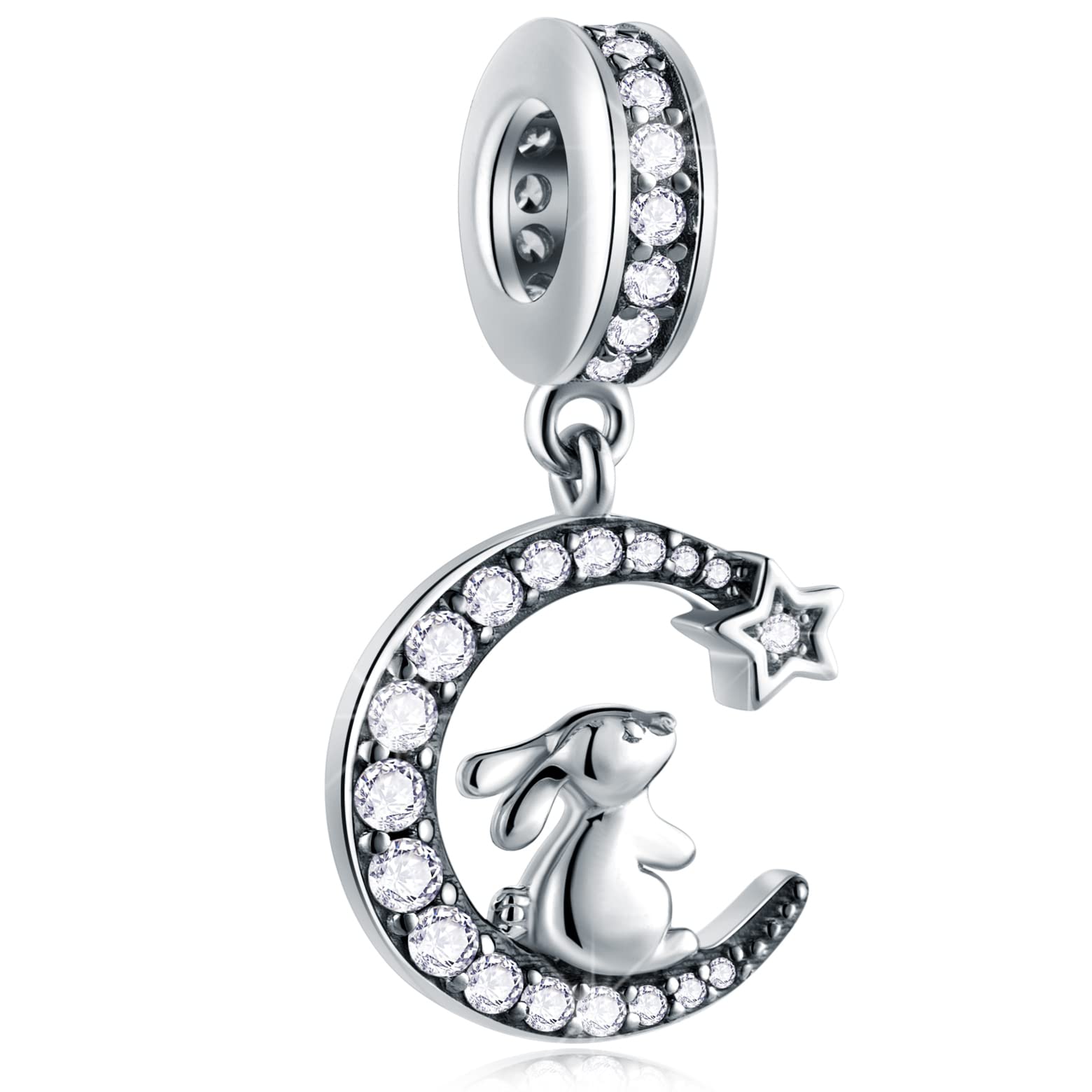Dangle Bunny on Crescent Moon Star Charms, Fit Pandora Easter Bracelet Animal Necklace, 925 Sterling Silver Rabbit Pendant Beads with Sparkling CZ, Gift for Birthday/Wife