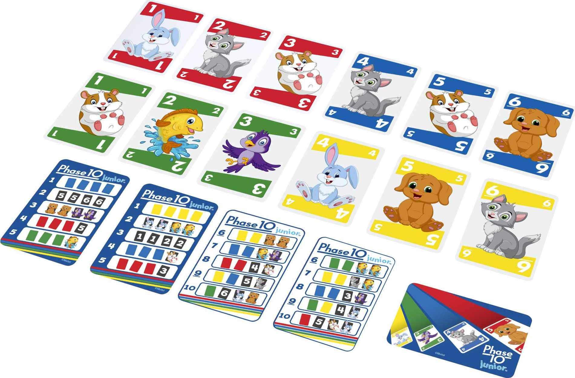 Phase 10 Junior Card Game, Multi-Level Rummy-Style Matching Colors, Animals & Shapes with 56 Cards for 2 to 4 Players, Kids Gift for Ages 4 Years & Older