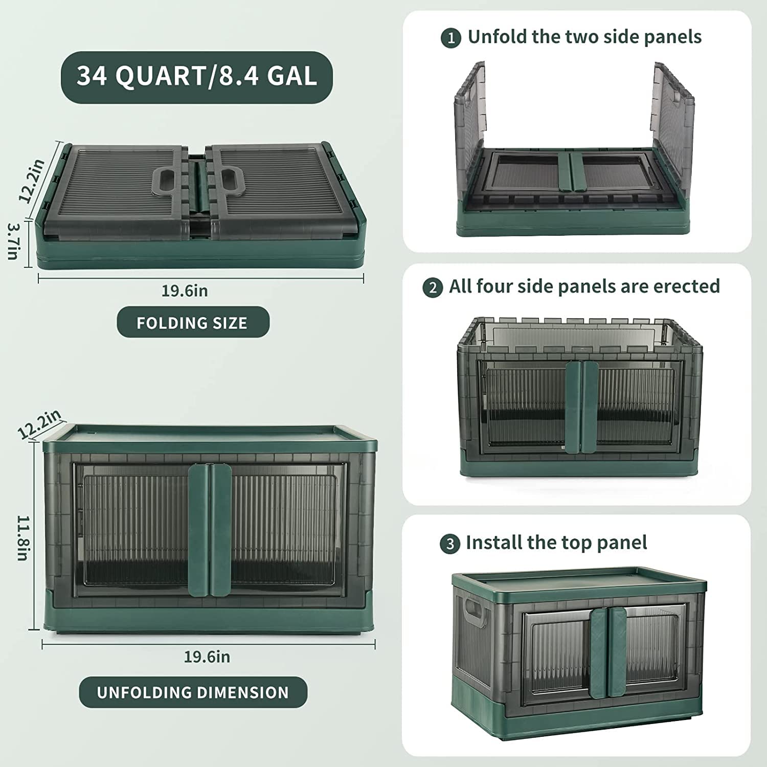 COMVTUPY Storage Bins with Lids - Dual Open Collapsible Storage Bins, Clear Plastic Wardrobe Closet Organizer, 8.4Gal Foldable Stackable Storage Bins, Crate for Book Snack Storage, Green
