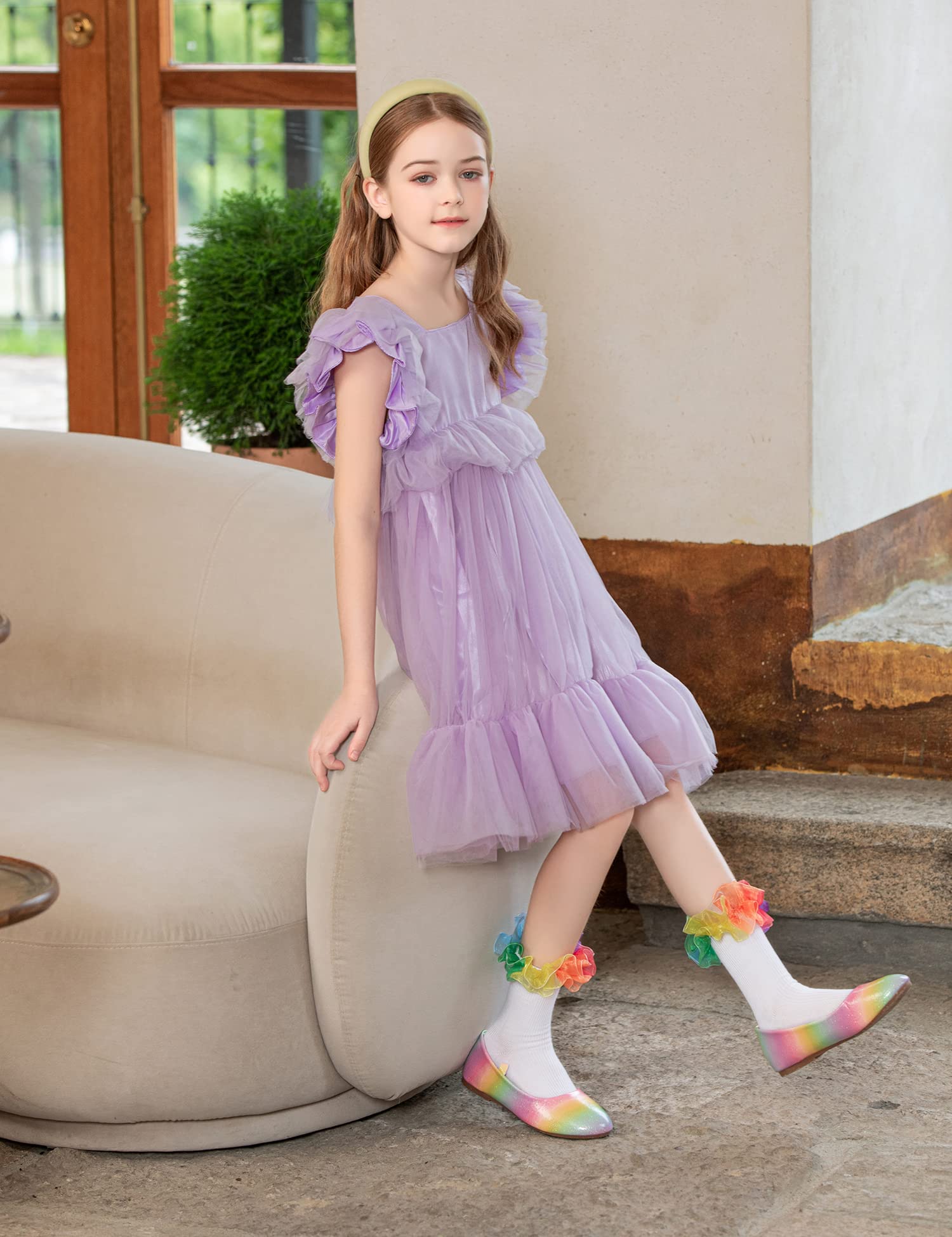 Dicry Toddler Girls Double Lace Socks Turn Cuff Big Ruffle for Little Kids 1-3T (Rainbow, 1-3 Years)