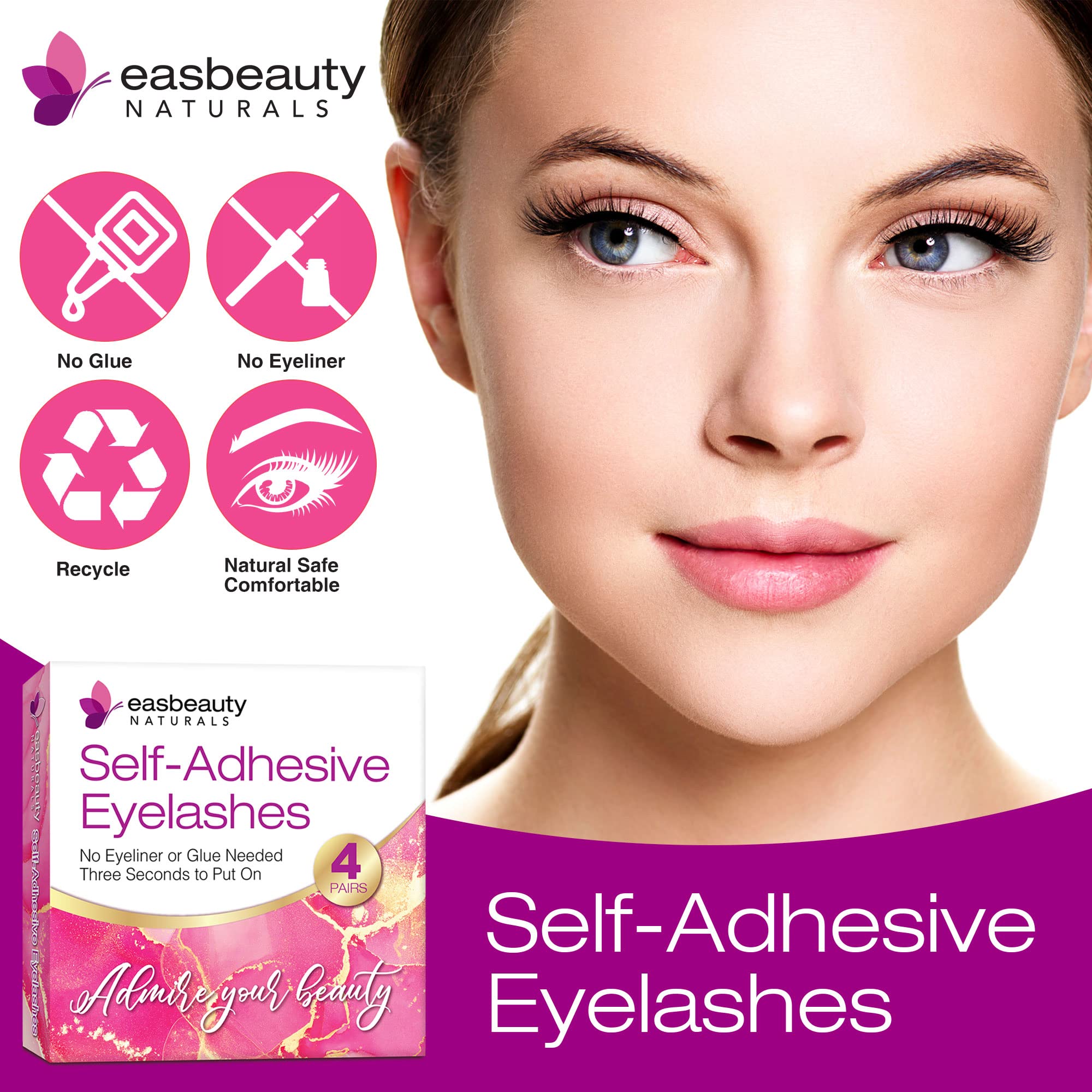 easbeautynaturals Reusable Self Adhesive Eyelashes Natural Look, No Eyeliner or Glue Needed and Easy to Put On, Reusable Self Sticking 4 Pair (Pack of 1) Ak-12 0