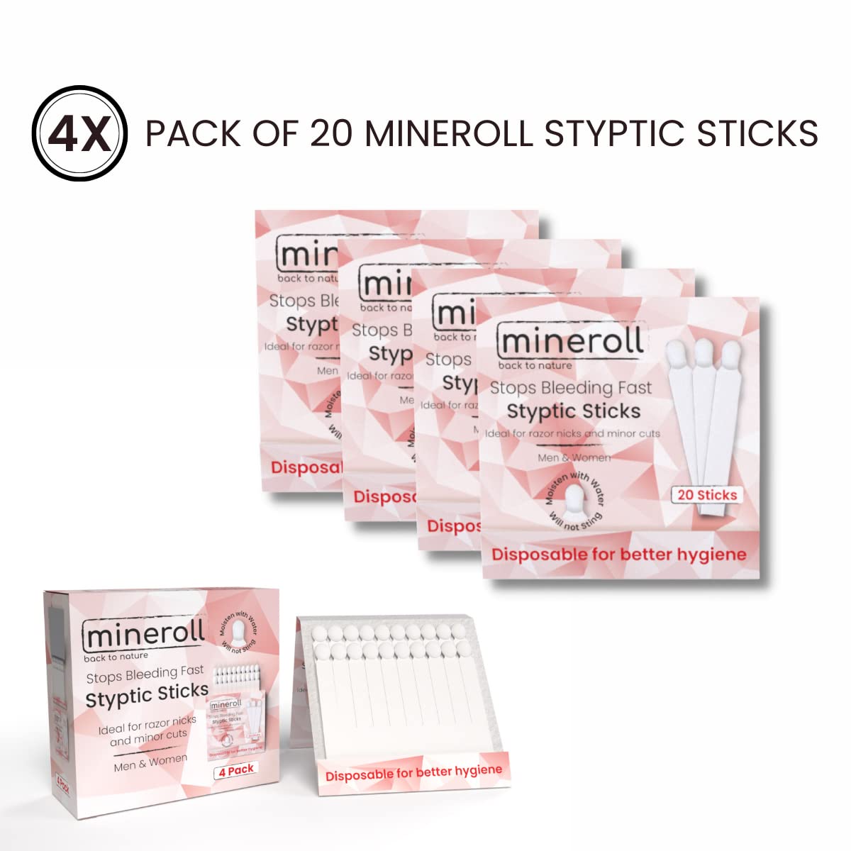 Mineroll Styptic Stick Shave Accessories (4-Packs, 80-Sticks) Stops Bleeding for Razor Nicks and Minor Cuts for Men & Women, Sanitary and Great for Barbers & Personal, Shaving Kit Essential (1)