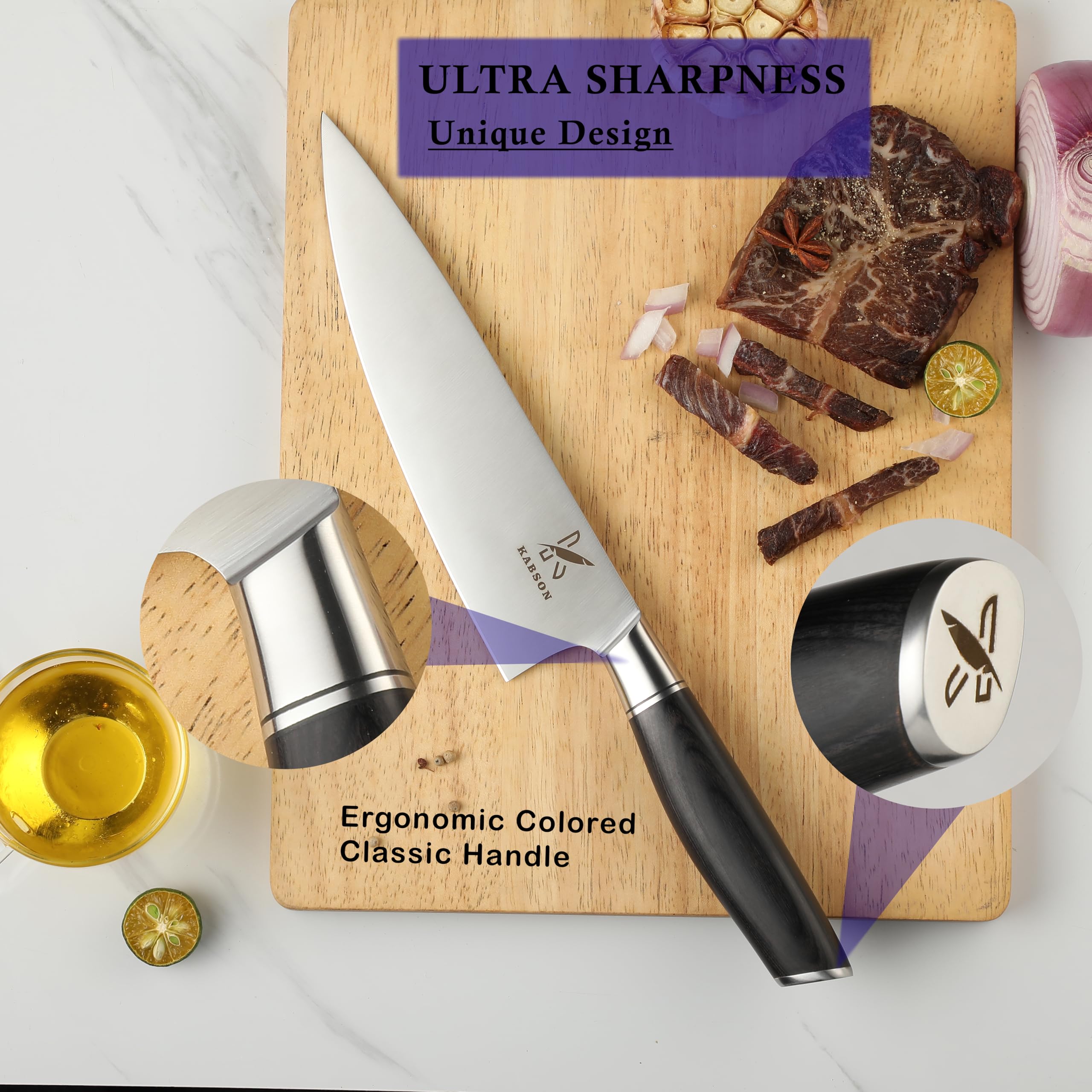 Kabson German Chef Knife Gift Box - 8'' Chef's Knives High Carbon Steel Paring Knife, With Ergonomic Handles, Professional Multipurpose Kitchen Knife with Sharpener and Finger Guard