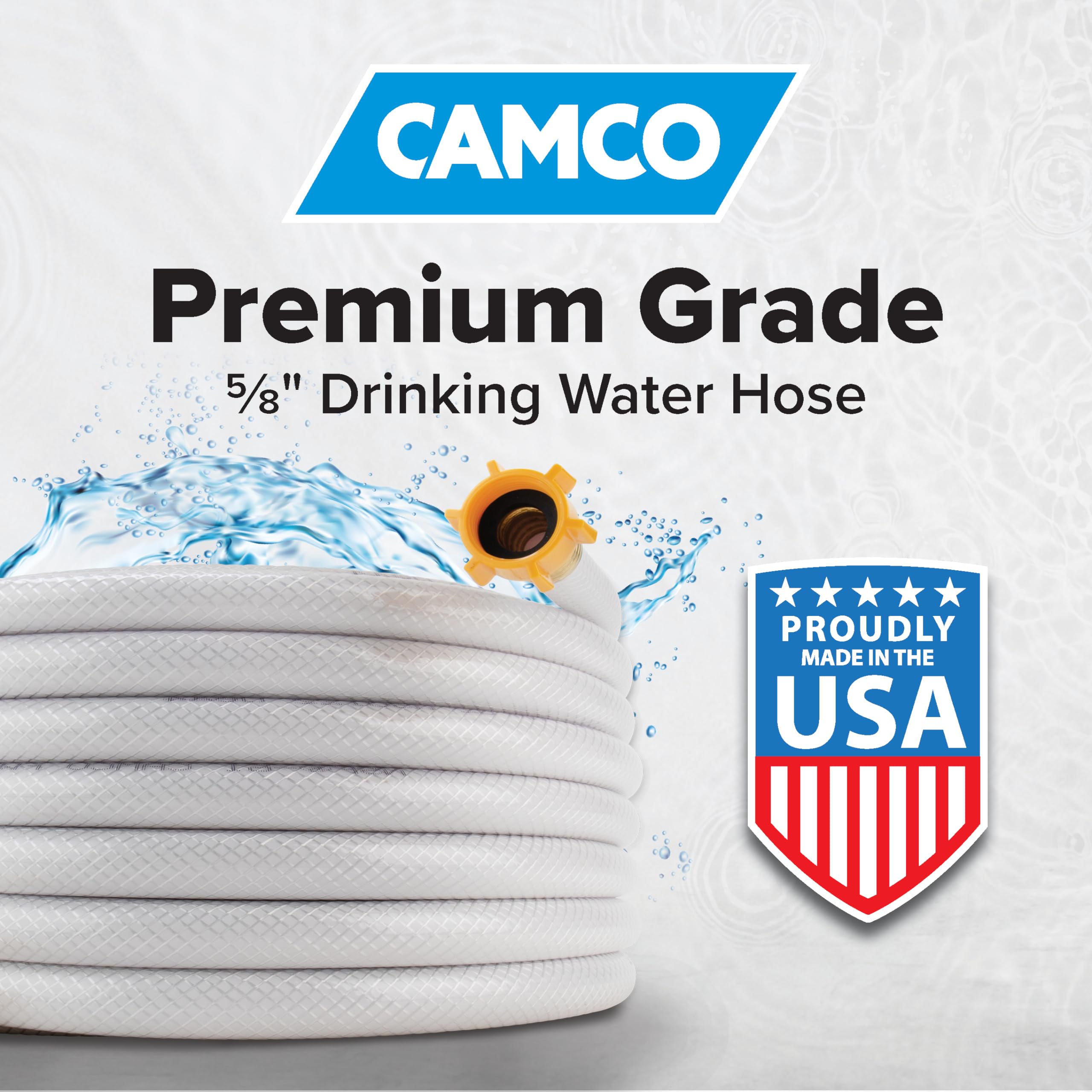 Camco TastePURE 50-Ft Water Hose - RV Drinking Water Hose Contains No Lead, No BPA & No Phthalate - Features Diamond-Hatch Reinforced PVC Design - 5/8โ Inside Diameter, Made in the USA (22793)