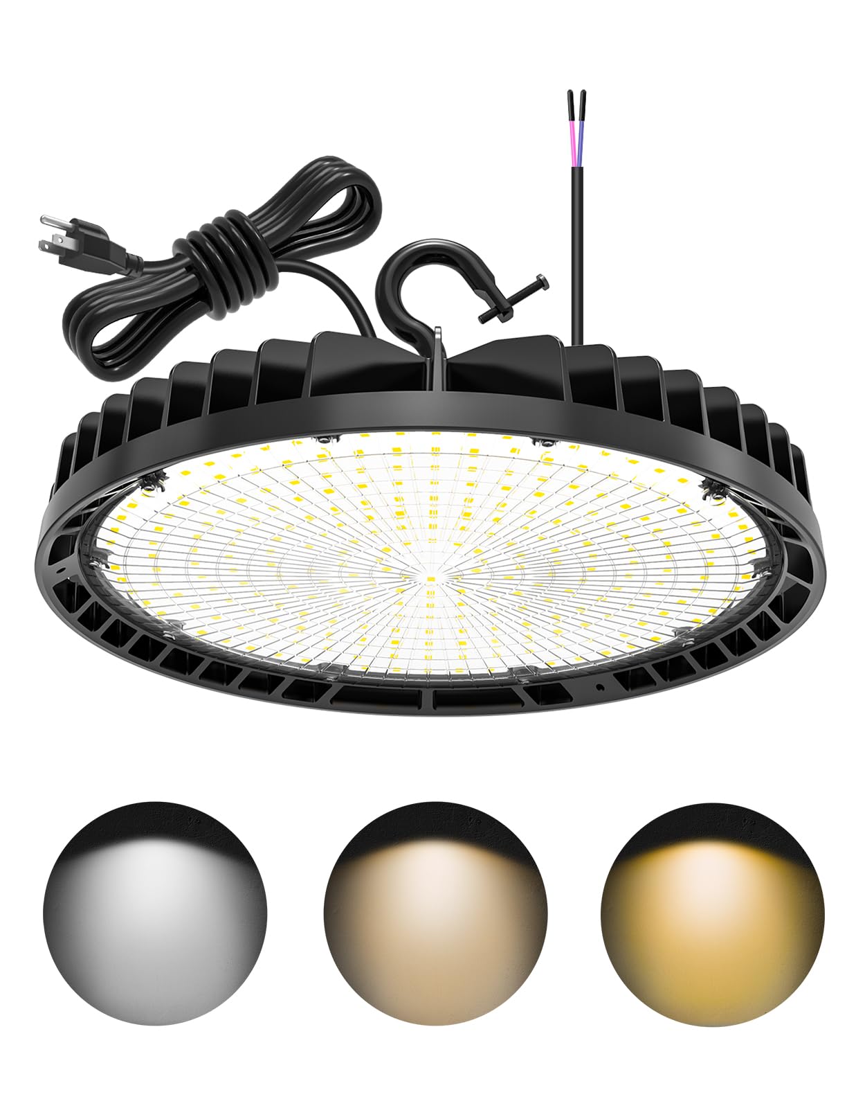 KUKUPPO LED High Bay Light 240W 190W 140W Adjustable, 3000K 4000K 5000K Adjustable UFO High Bay Shop Light with Plug, 0-10V Dimmable 100-277V LED Factory Warehouse Lights, UL&DLC Listed