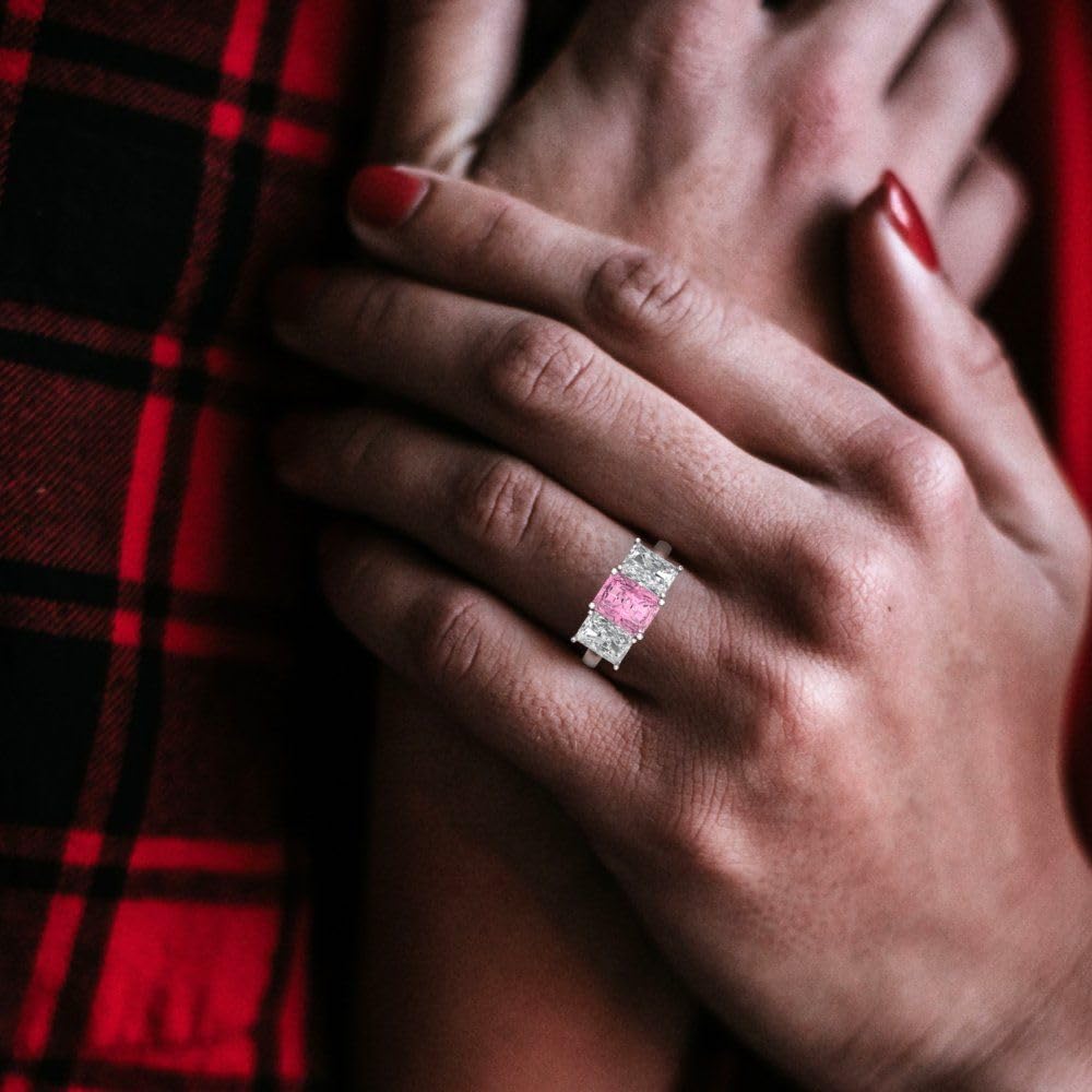 Clara Pucci 4.0 ct Emerald Cut 3 Stone Solitaire Pink Simulated Diamond Engagement Promise Anniversary Bridal Ring 18K White Gold 8.75