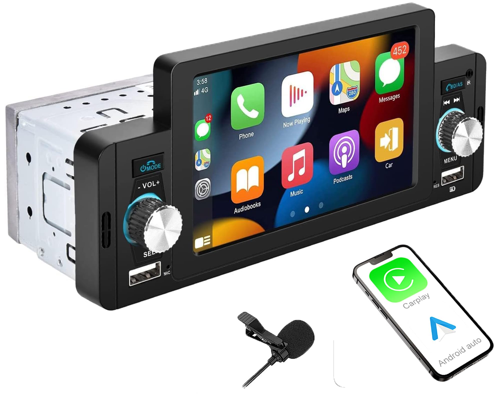 CAMECHO Single Din Car Stereo with Apple Carplay Android Auto, 5 Inch HD Touchscreen Radio Bluetooth FM, Mirror Link, Backup Camera Input, Remote Control, Fast Charging, USB Input, Car Audio