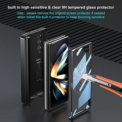Libeagle Compatible with Samsung Galaxy Z Fold 4 Case, Built in Hidden S Pen Holder to Avoid Pen Lost, Screen Protector, Hinge Protection, Adjustable Stand, Wireless Charging Cover 5G 2022-Black