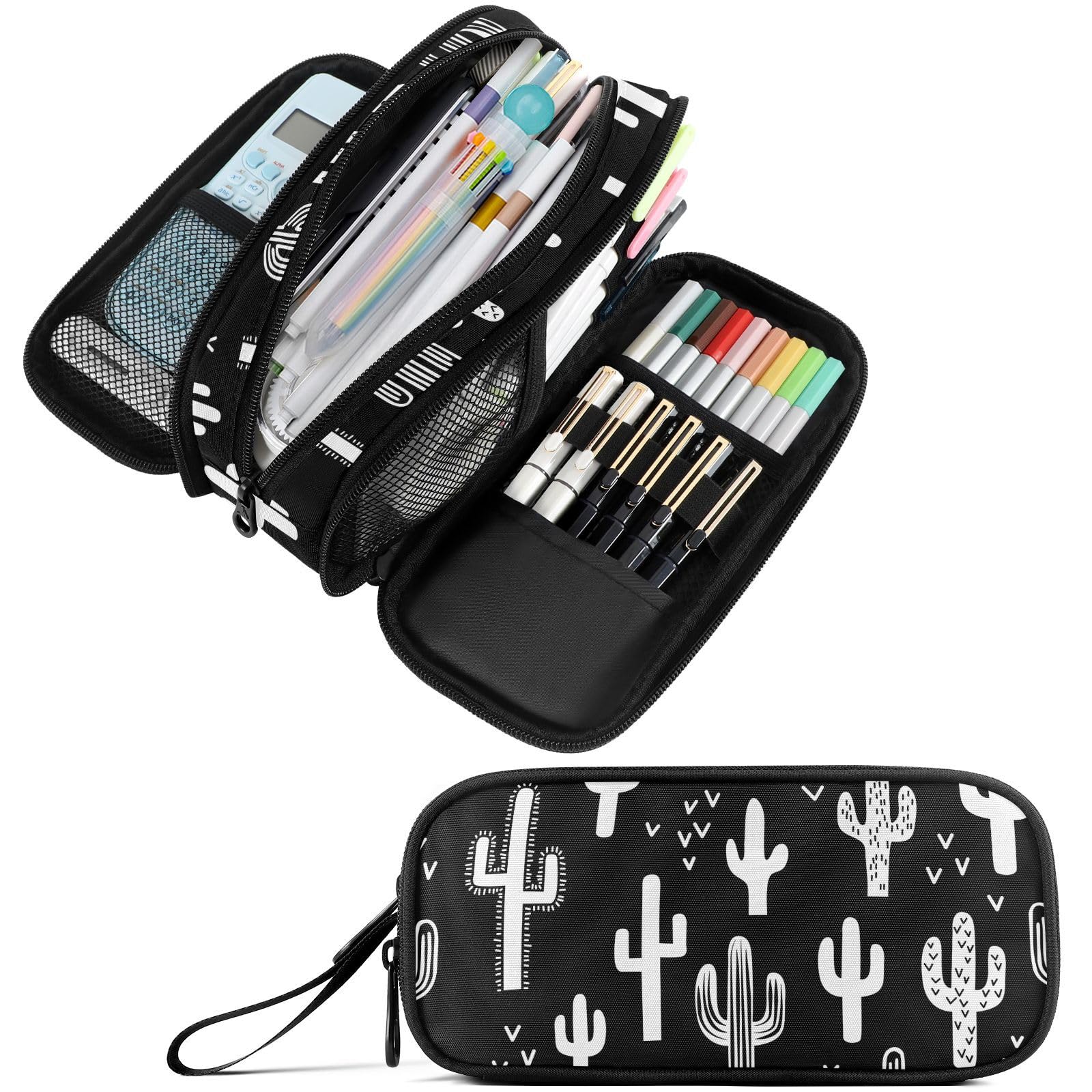 Fustylead Black and White Fun Western Cactus Pencil Pen Case with 3 Compartments, Lightweight & Spacious Stationery Bag Cosmetics Bag
