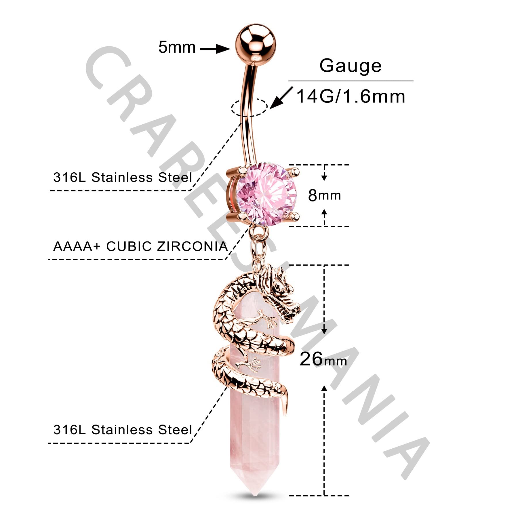 CM Crareesi Mania Dragon Belly Button Rings 14G Belly Rings Dangling Nature Stone Navel Piercing Jewelry Skull Belly Button Piercing Jewelry