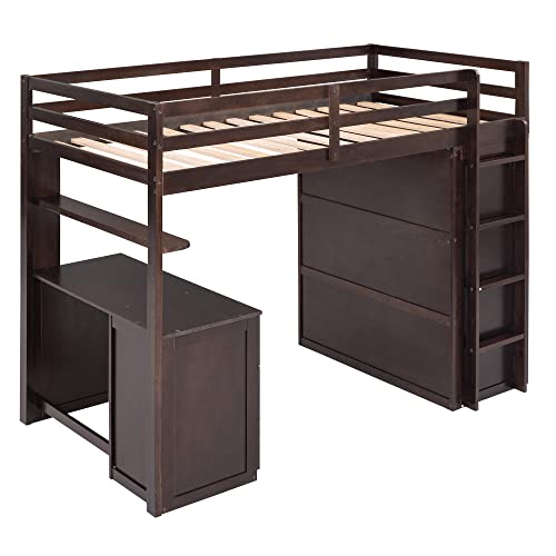 Harper & Bright Designs Twin Size Loft Bed with Desk and Wardrobe, Wood Loft Bed Frame with Storage Drawers and Full-Length Guardrails, High Loft Bed for Kids Teens Boys and Girls (Espresso)