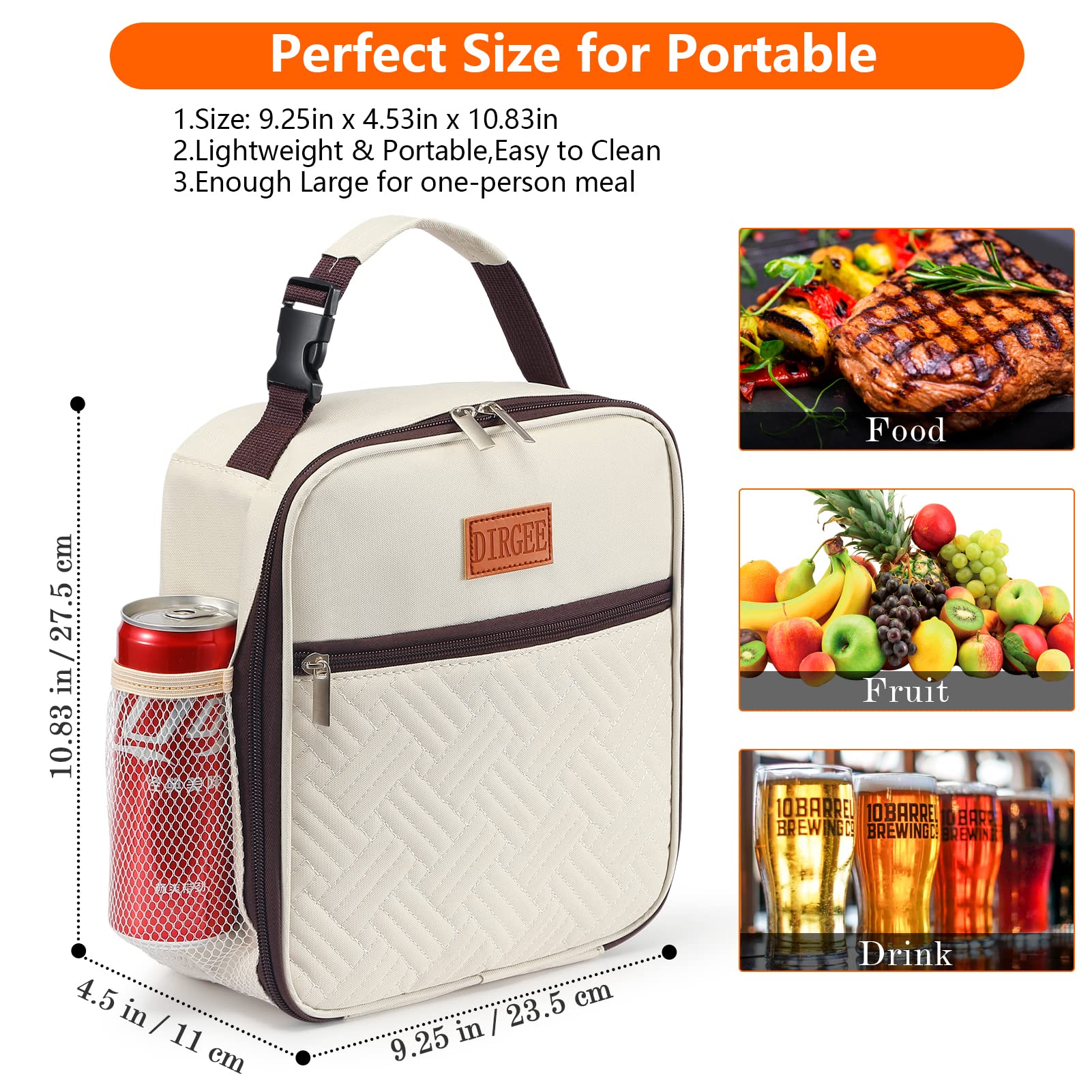 DIRGEE Lunch Bag for Women Insulated Lunch Bag For Men Adults Small Lunch Bag for Office Work - Leakproof Freezable Cooler Bag Reusable Portable Lunch Box (White)