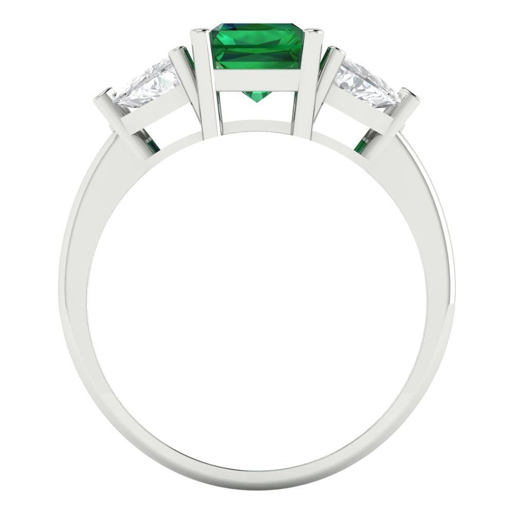 Clara Pucci 2.97ct Emerald Trillion cut 3 stone Solitaire Green Emerald designer Modern Statement Ring 14k White Gold Size 8.5
