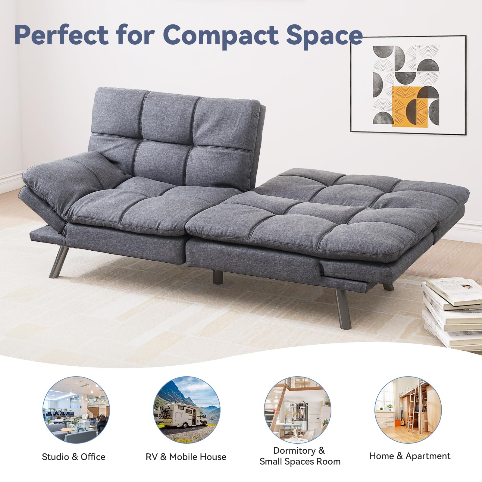 Hcore Convertible Splitback Futon Sofa Bed for Living Room, Office, Apartment - Memory Foam Sleeper Loveseat, Modern Small Couch in Grey