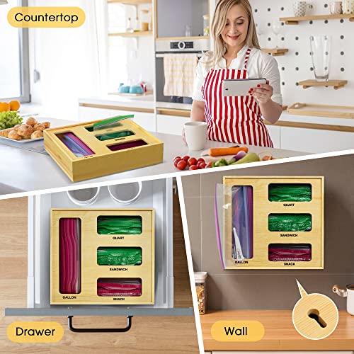 pentaQ Ziplock Bag Organizer, Food Plastic Storage Bag Holder for Kitchen Drawer, Wall Mountable Kitchen Organization and Storage for Gallon, Quart, Sandwich and Snack Variety Size Bag (Natural)