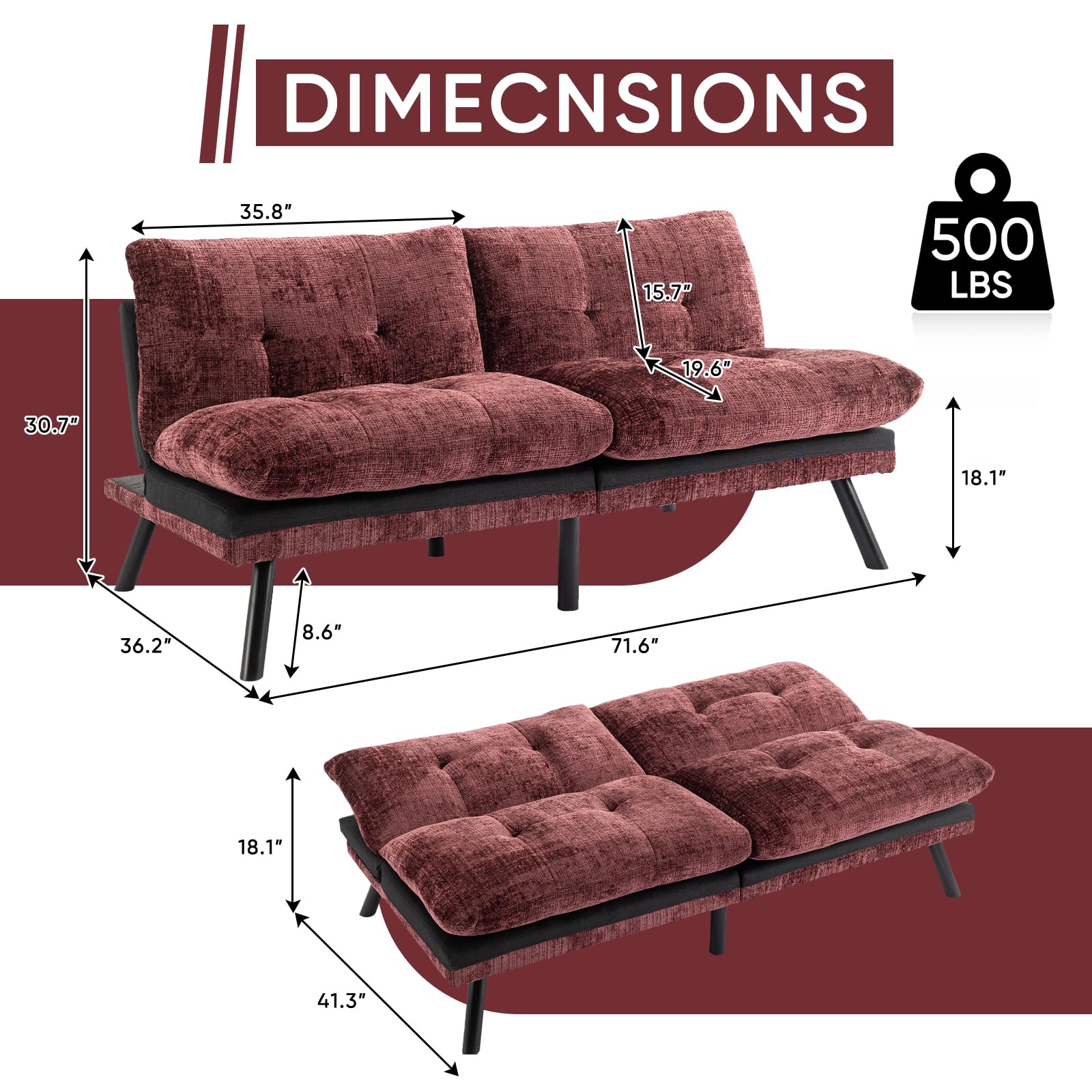 Futon Sofa Bed, Convertible Sleeper Couch Memory Foam Small Splitback Loveseat for Living Room,Modern Upholstered Love Seat with Adjustable Backrest and 6 Metal Legs,Thicker Cushion Version(Burgundy)
